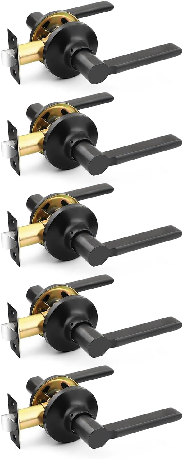 5 Pack Matte Black Interior Door Knob, Heavy Duty Passage Lever Door Handle for Closet Hallway ...
