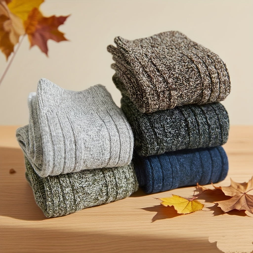 5-Pack Men's Autumn/Winter Thick Wool Socks, Double-Needle Cable Knit ...