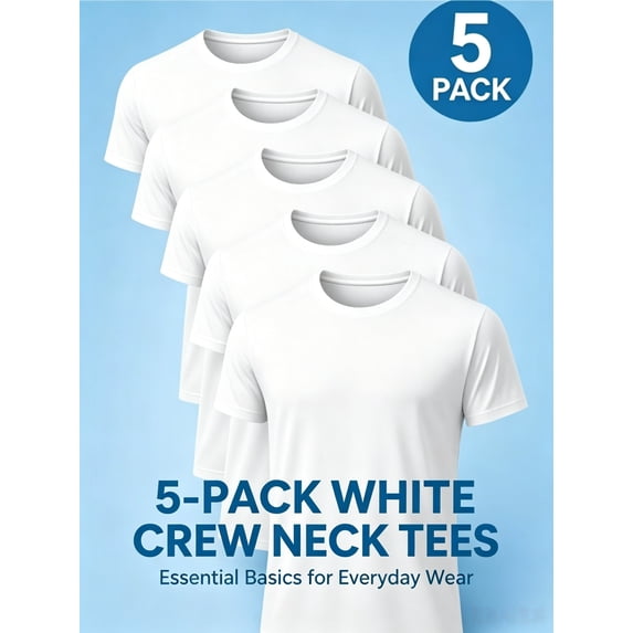 5 Pack Mens Classic Crew Neck White/Black Tees, Breathable Plain Short ...