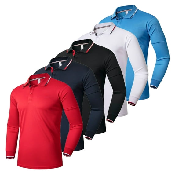5 Pack Mens Polo Shirts Breathable Moisture Wicking Work Polo T Shirts Casual Tops Long Sleeve ...