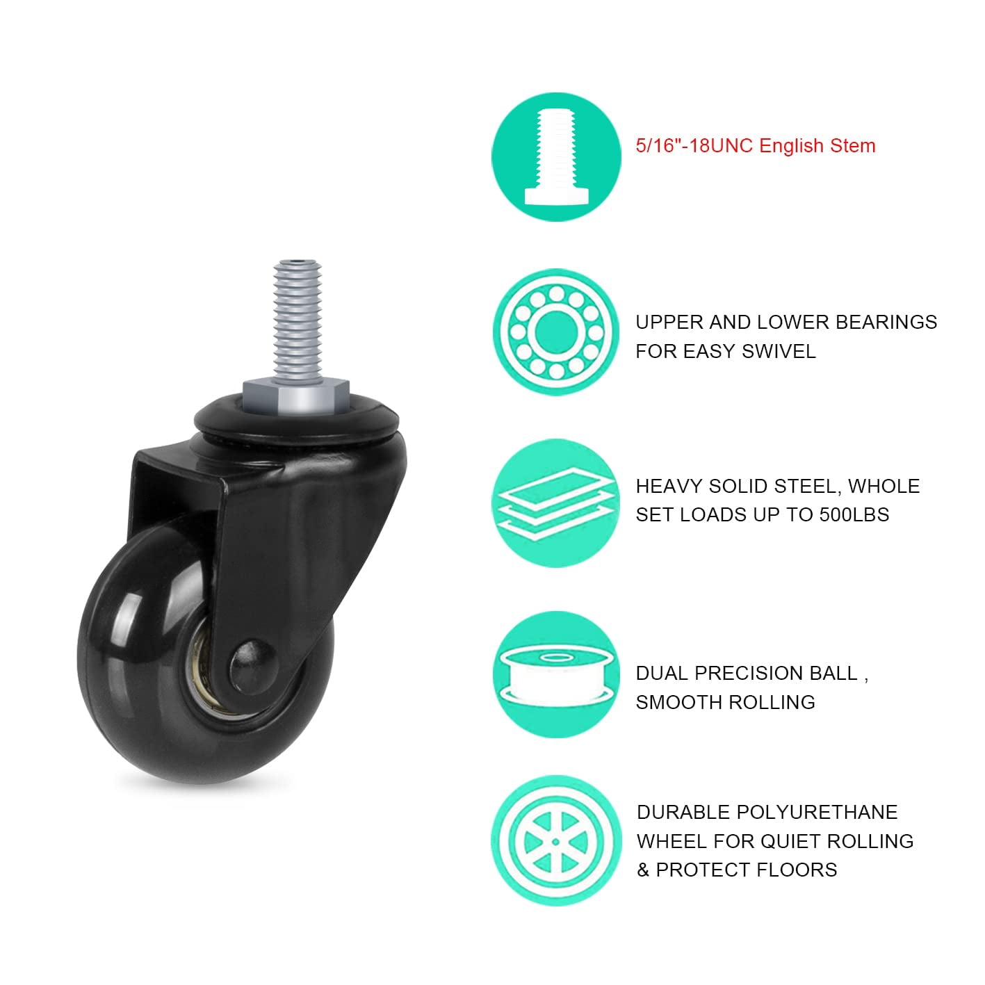 5 Pack Office Chair Casters Wheel with 5/16"-18UNC Threaded Stem, 2 ...