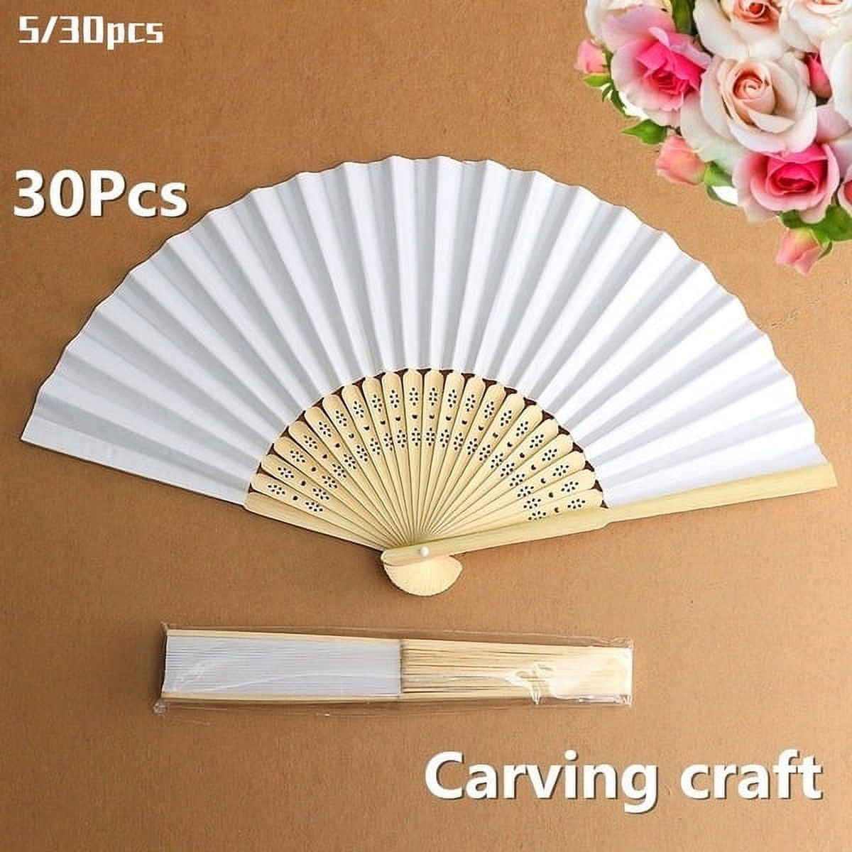 5 Pack Pack Hand Held Fans White Silk Bamboo Folding Fans Handheld ...