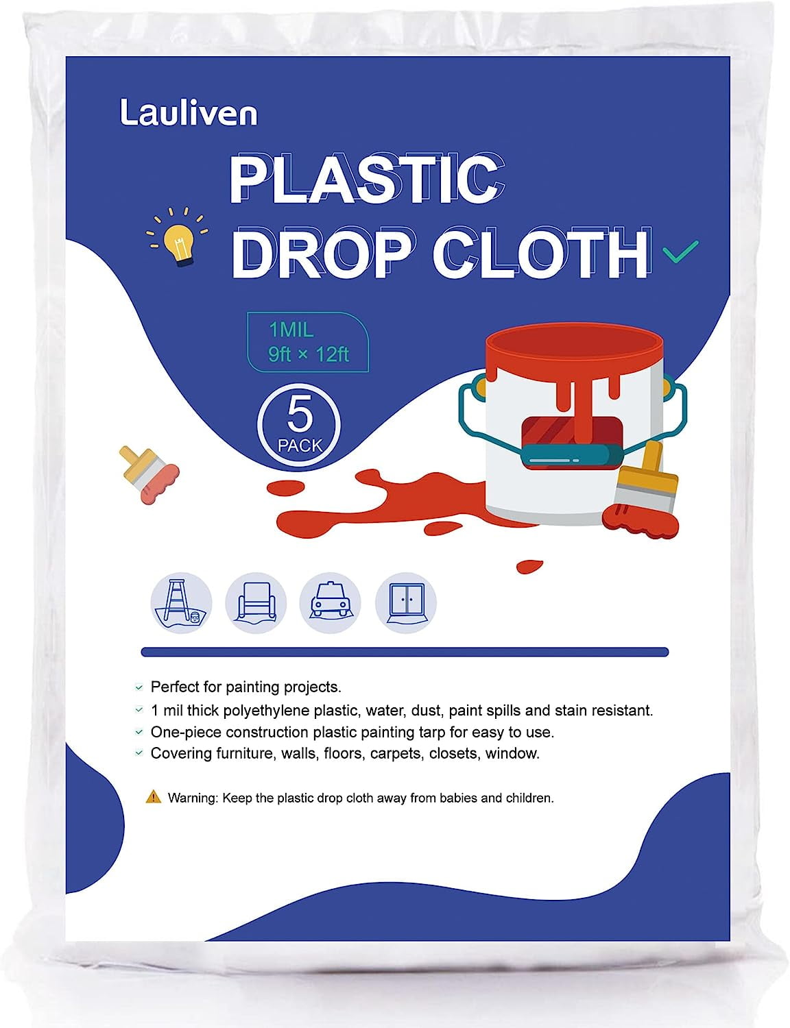 5-Pack Plastic Drop Cloth, 9x12 Feet Clear Plastic Painting Tarps ...