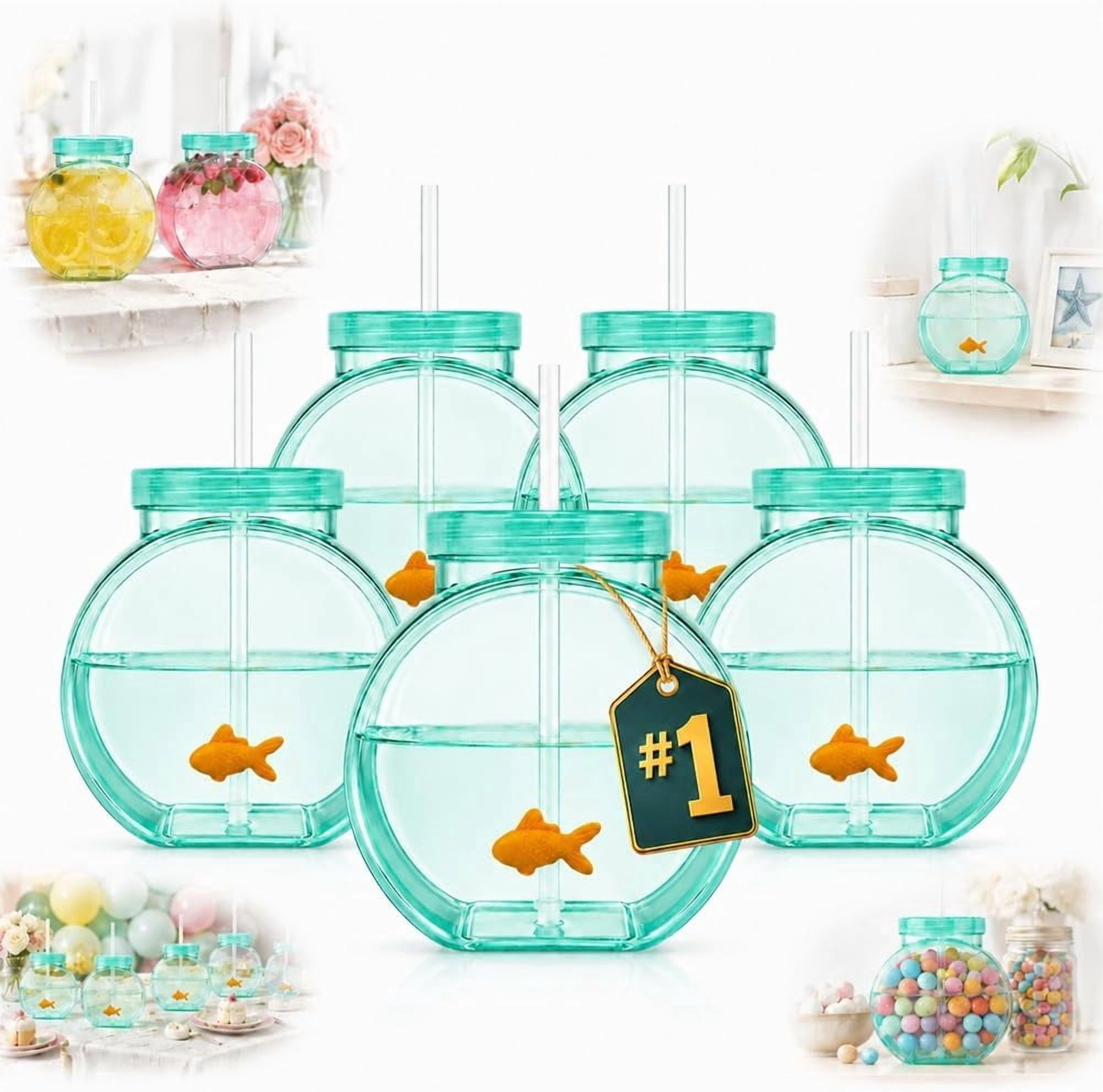 5 Pack Plastic Fish Bowl Tumbler with Straw & Lid, 1200ML Drinking ...