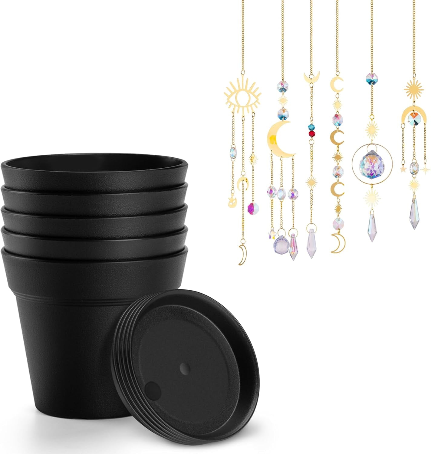 5 Pack Plastic Plant Pots with Drainage Holes and Tray with 6Pcs ...