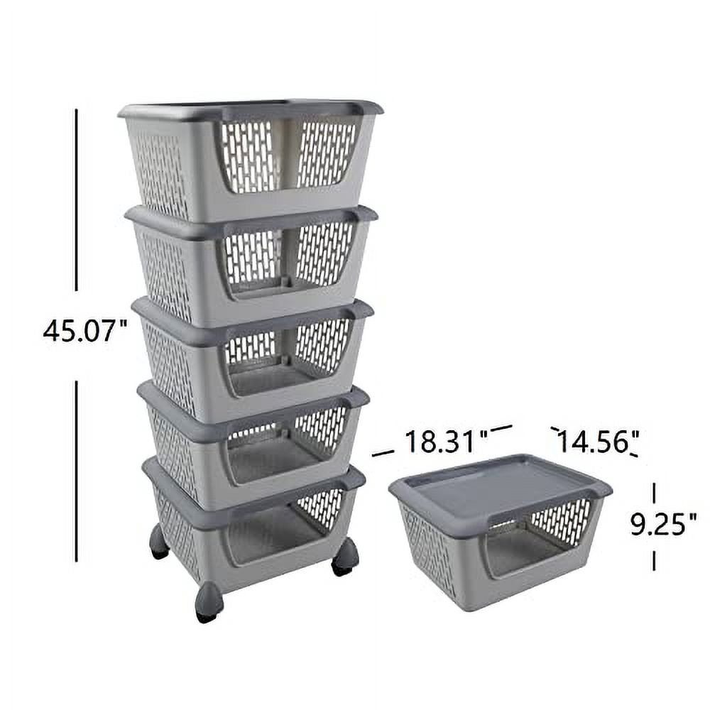 5 Pack Plastic Stackable Storage Baskets, Grey Plastic Stacking Baskets ...
