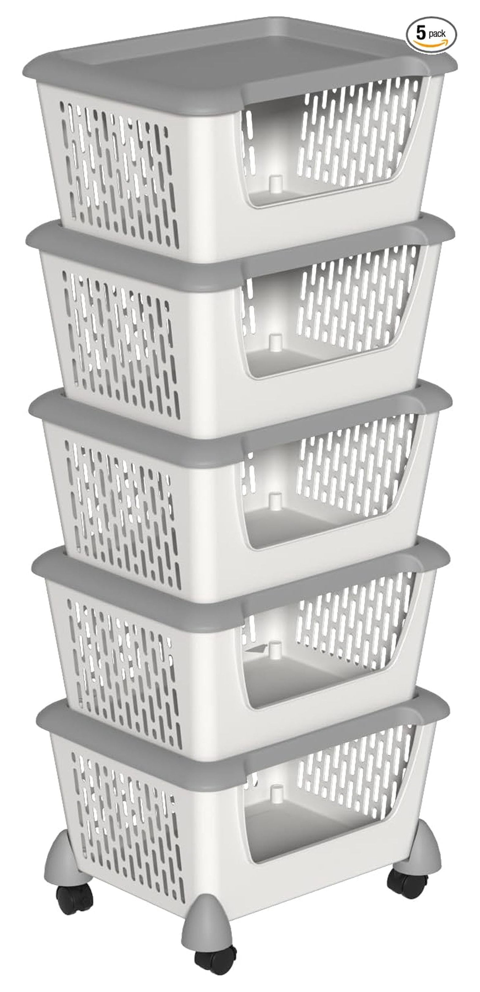5 Pack Plastic Stacking Baskets with Wheels and Lids, Kitchen Stackable ...