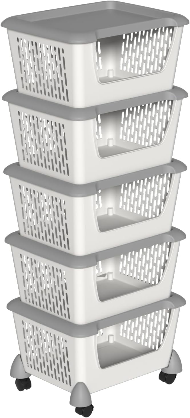 5 Pack Plastic Stacking Baskets with Wheels and Lids, Kitchen Stackable ...