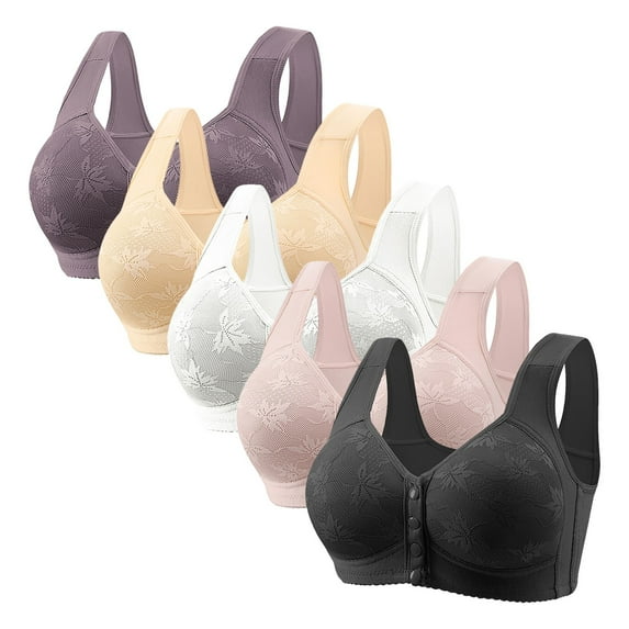 5 Pack Plus Size Front Closure Bras for Old Women V Neck Wireless Bras ...