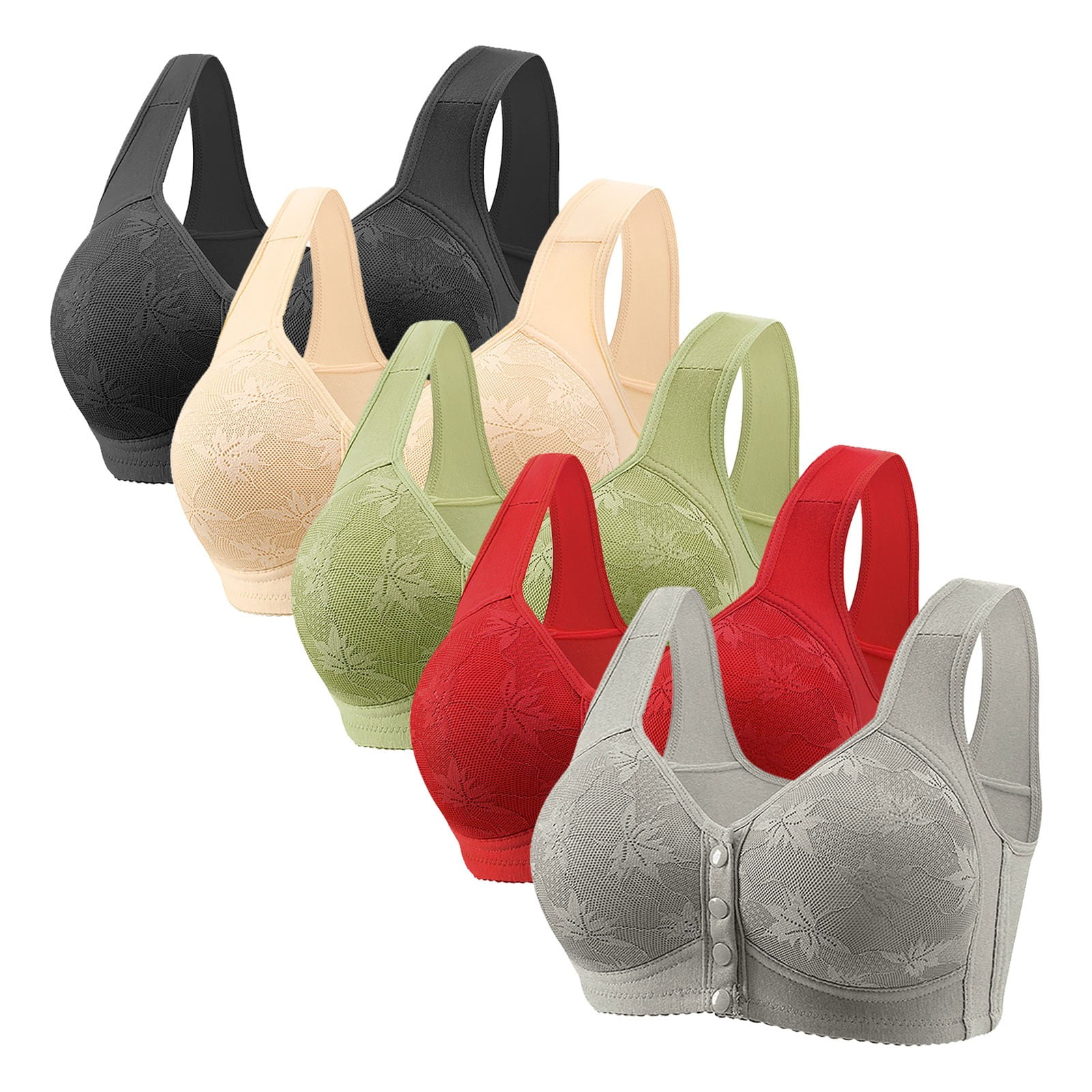 5 Pack Plus Size Front Closure Bras for Old Women V Neck Wireless Bras ...