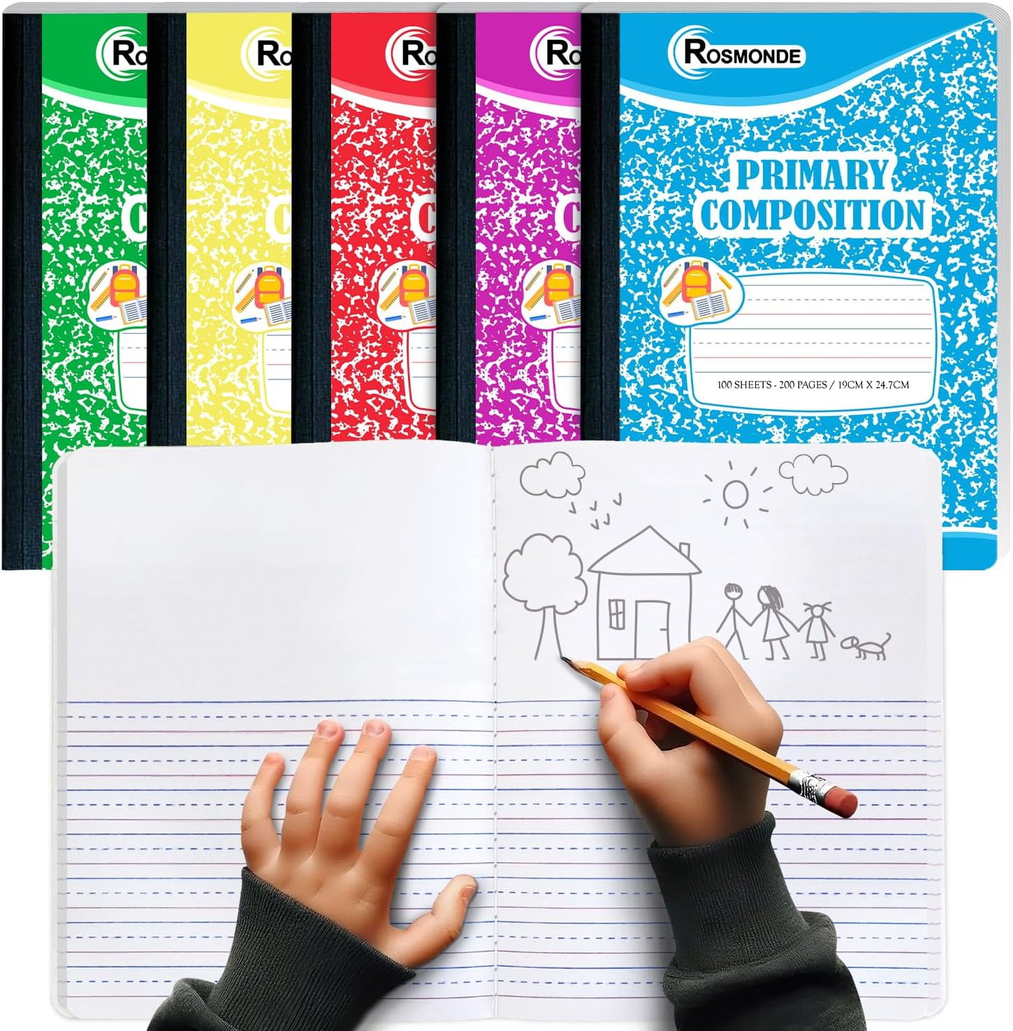 5 Pack Primary Composition Notebook, 200 Pages (100 Sheets), Drawing ...