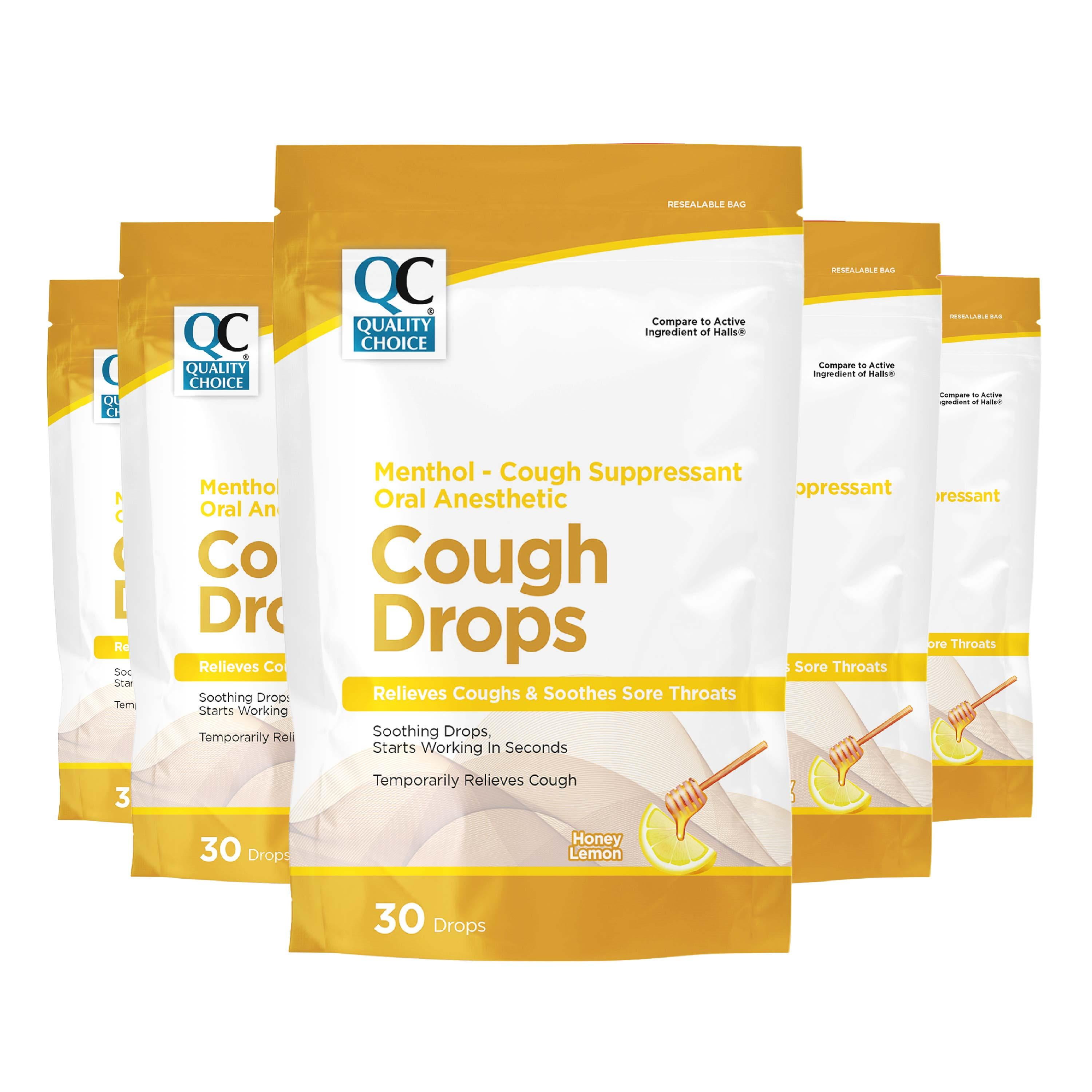 5 Pack - Quality Choice Honey Lemon Flavor Cough Drops, 30 Count Bag, Menthol Cough Suppressant ...