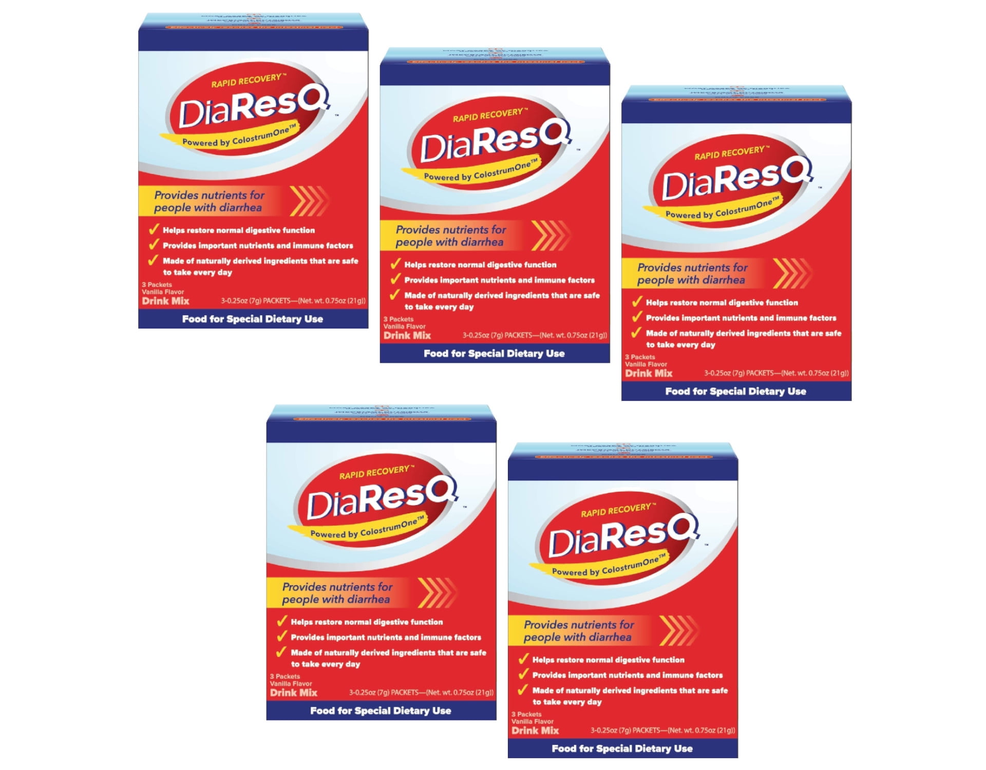 5 Pack Rapid Recovery DiaResQ Diarrhea Relief, .25oz Per Packet, 3 ...