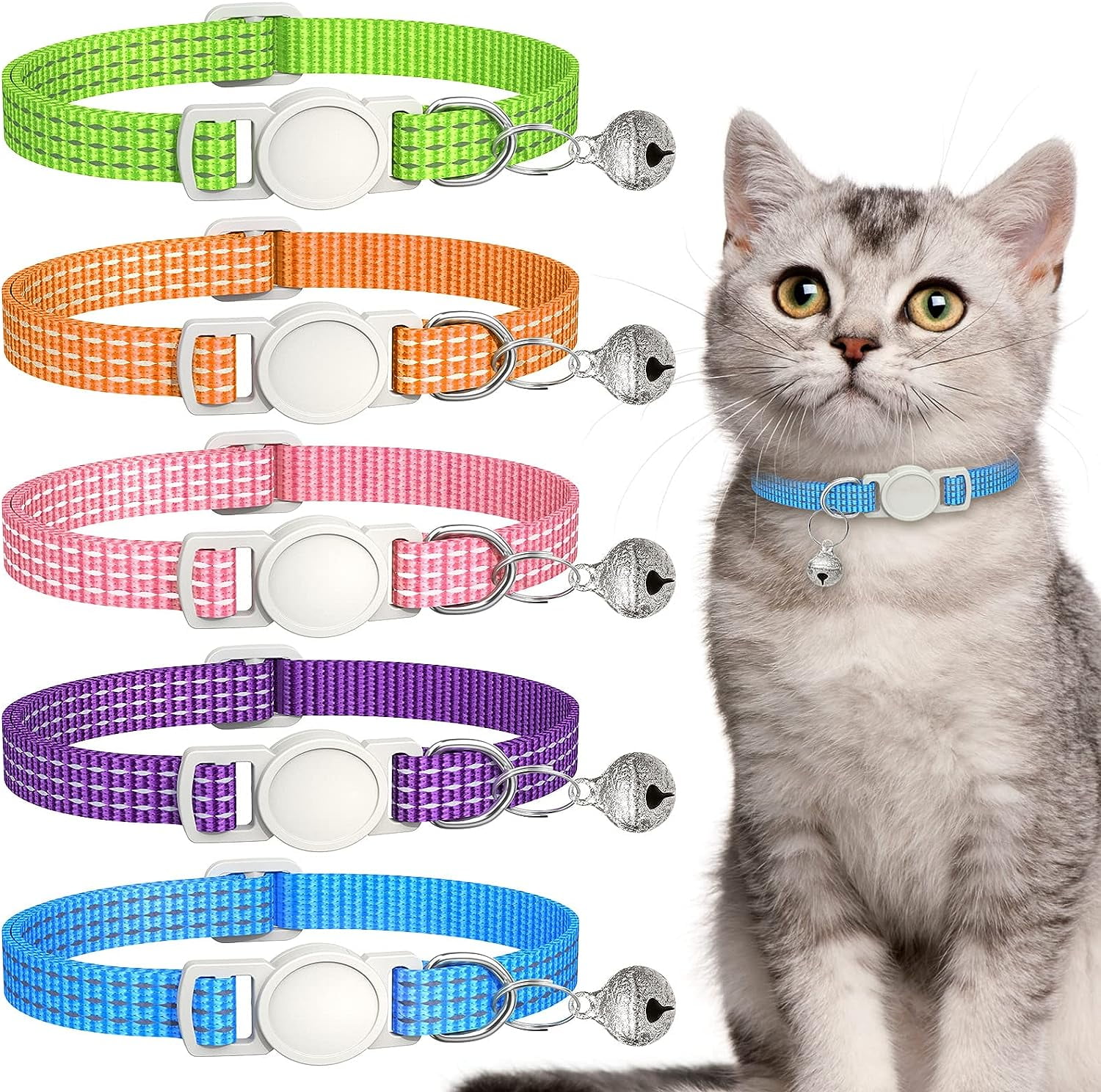5 Pack Reflective-Breakaway Cat Collars with Bells,Adjustable Small Cat ...