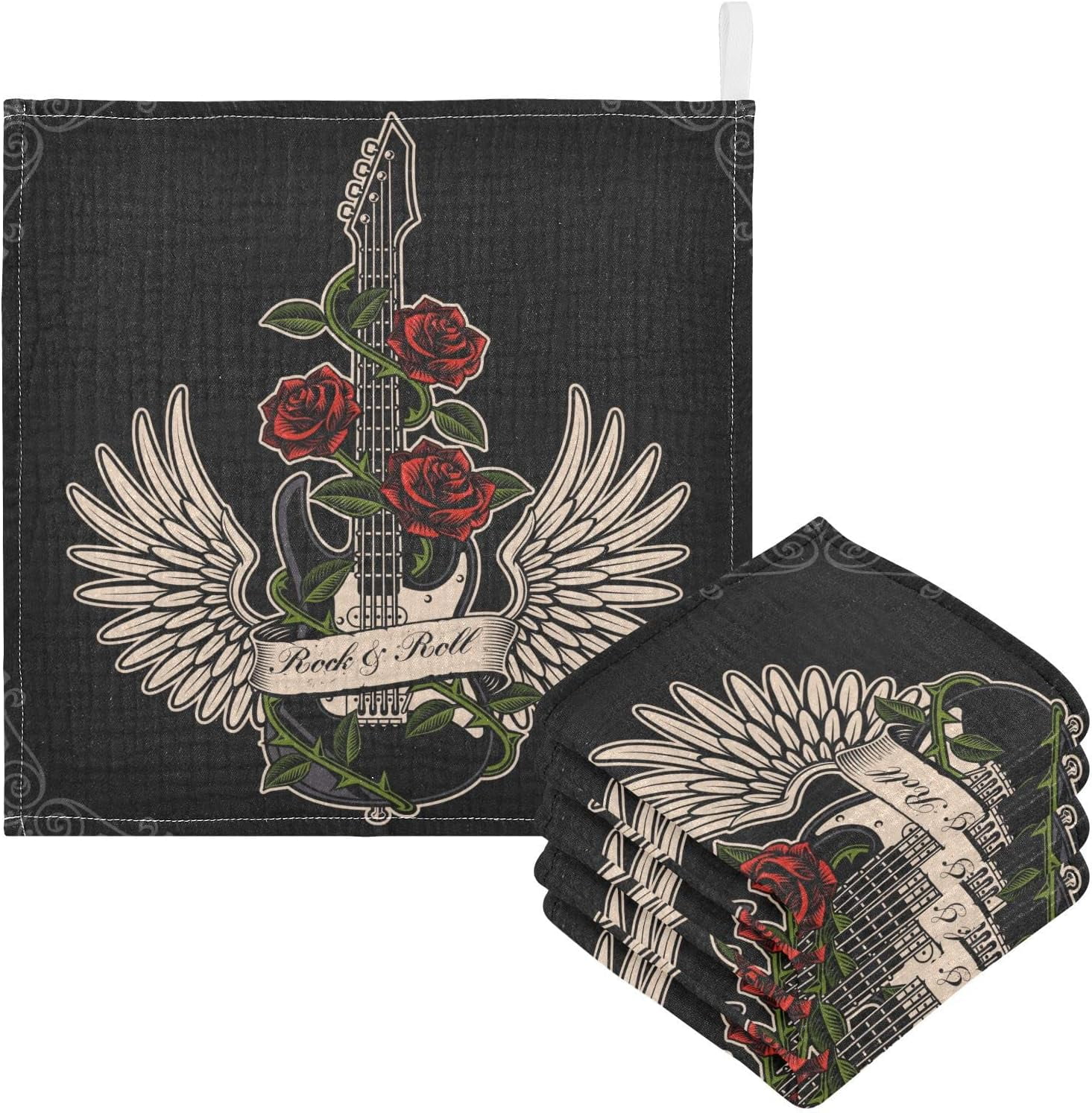 5 Pack Retro Guitar with Wings Baby Muslin Washcloths, Rock Roses Soft ...