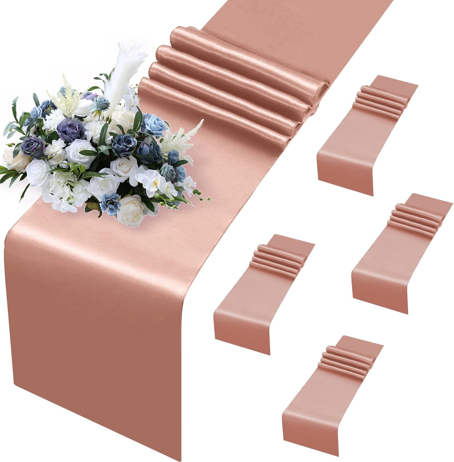 5 Pack Rose Gold Satin Table Runners, 12 x 108 Inch Bright Satin Silk ...