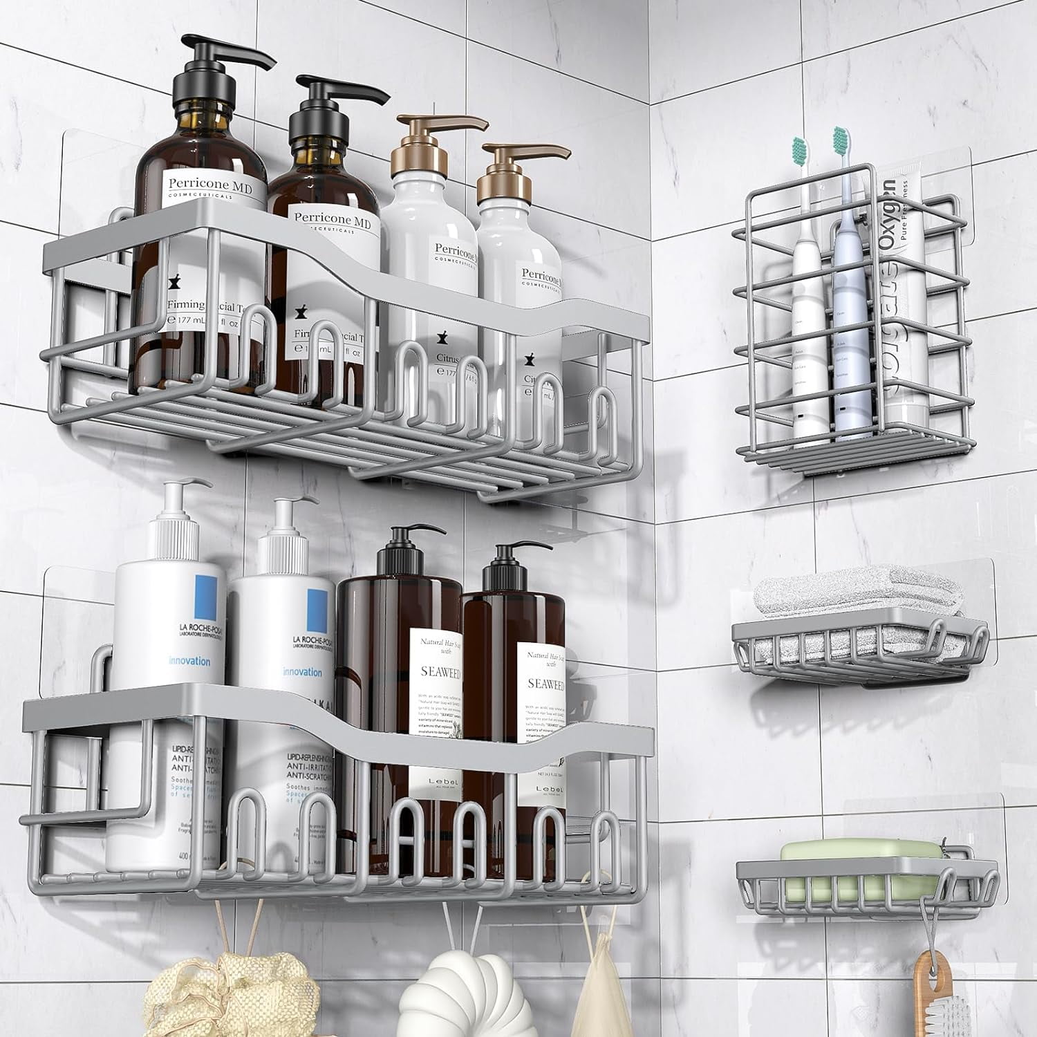 5-Pack Rustproof Stainless Steel Shower Caddy Set – No Drill Adhesive ...
