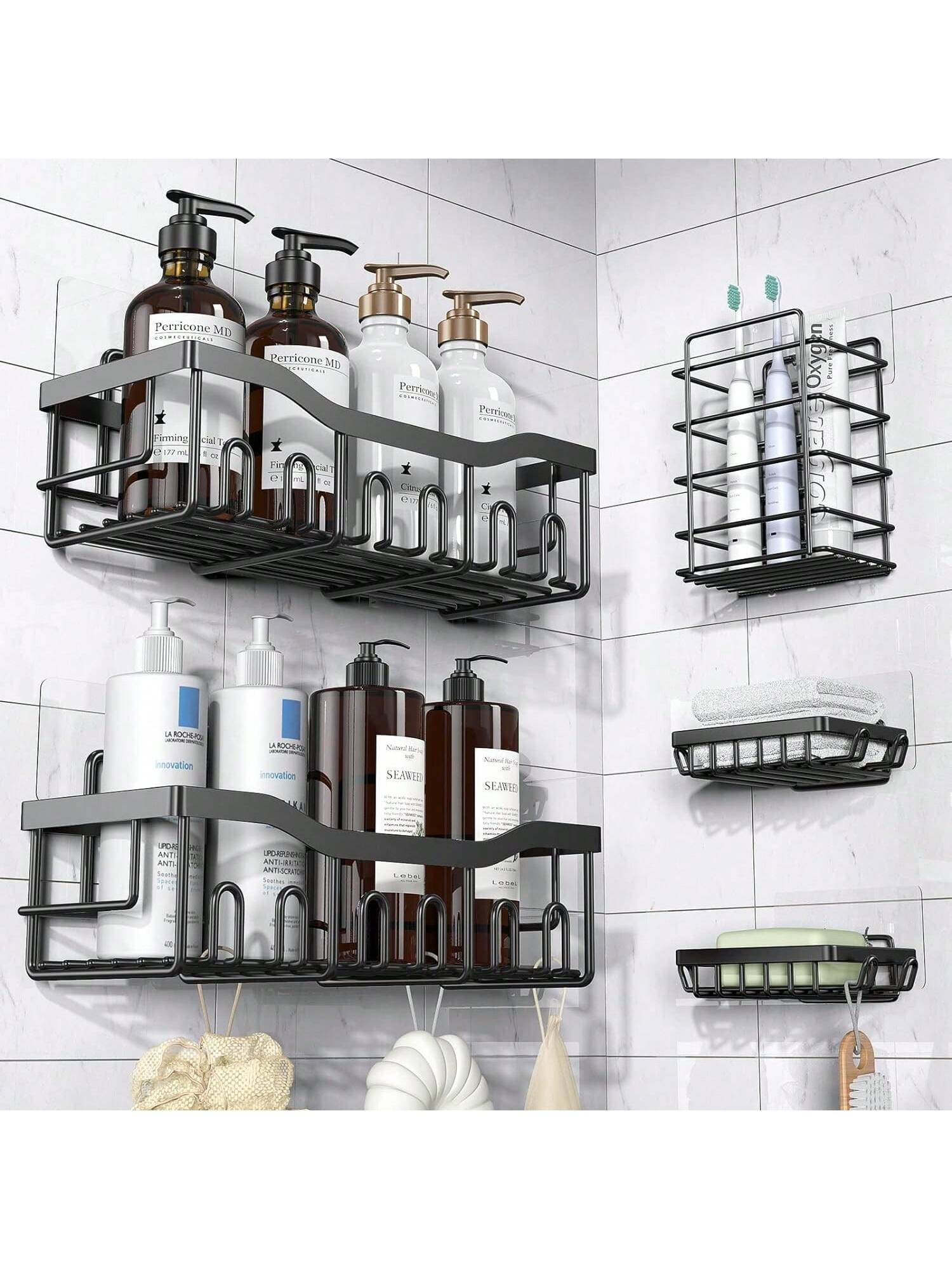 5 Pack Shower Caddy Shelf Organizer Rack, Self Adhesive Black Bathroom ...