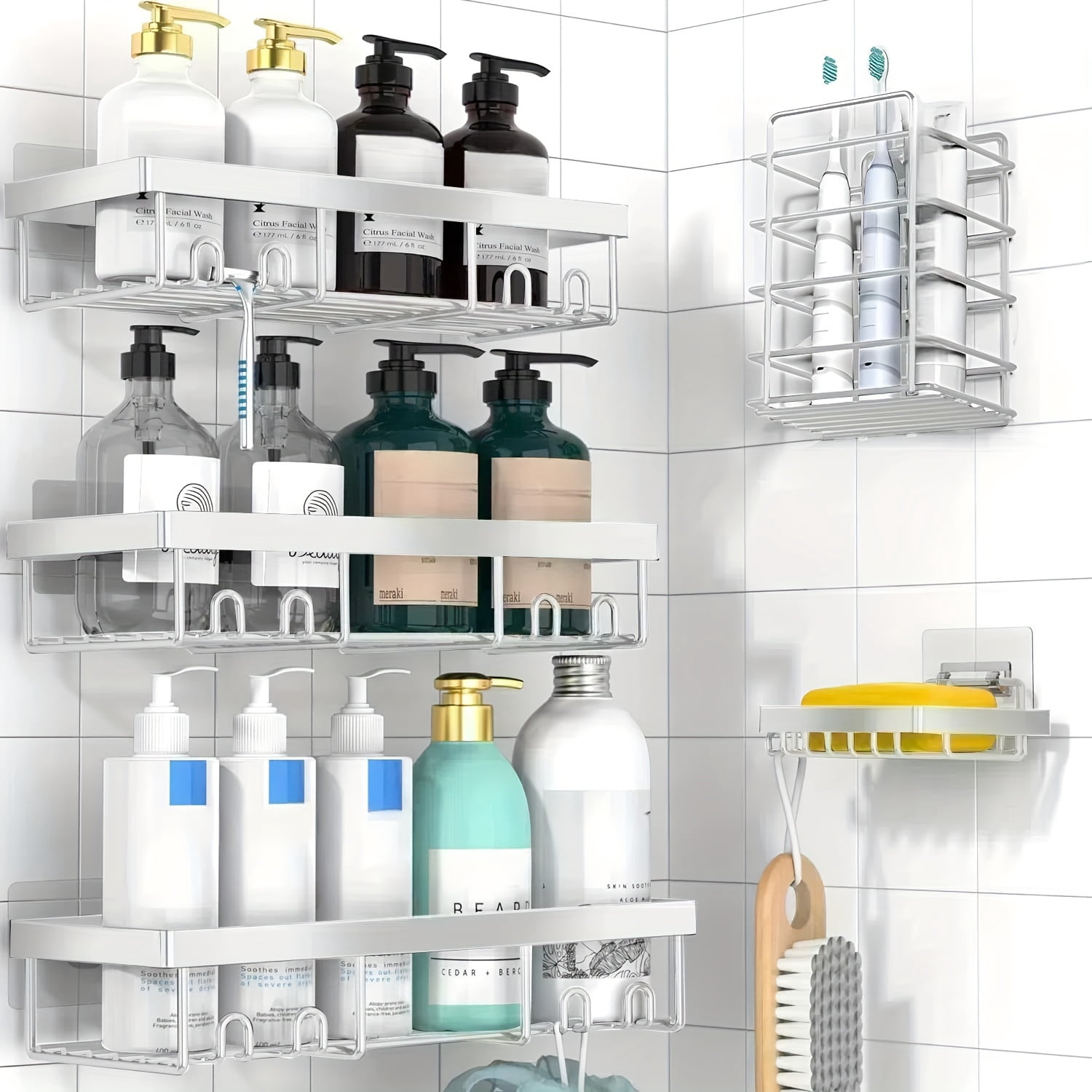 5 Pack Shower Shelves - Adhesive Shower Organizer with Soap Holder, No ...