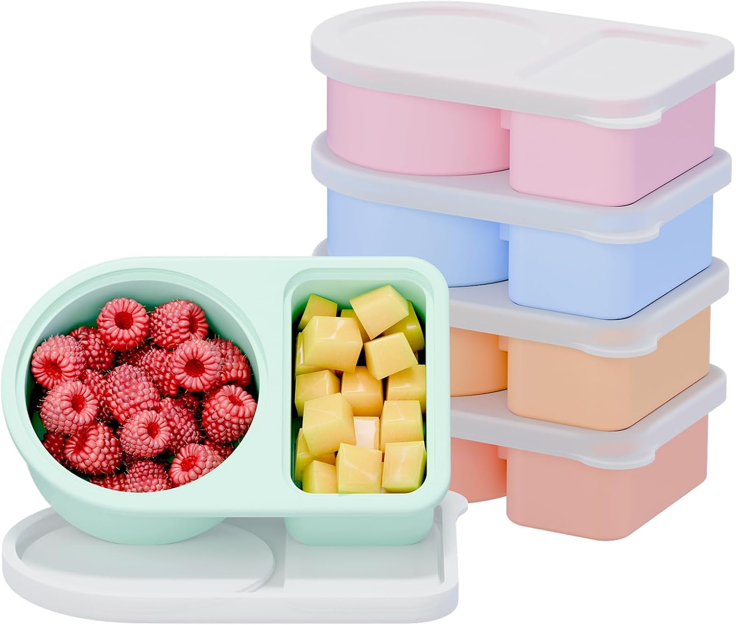 5 Pack Silicone Snack Containers, 2 Compartments Reusable Snackle Box ...