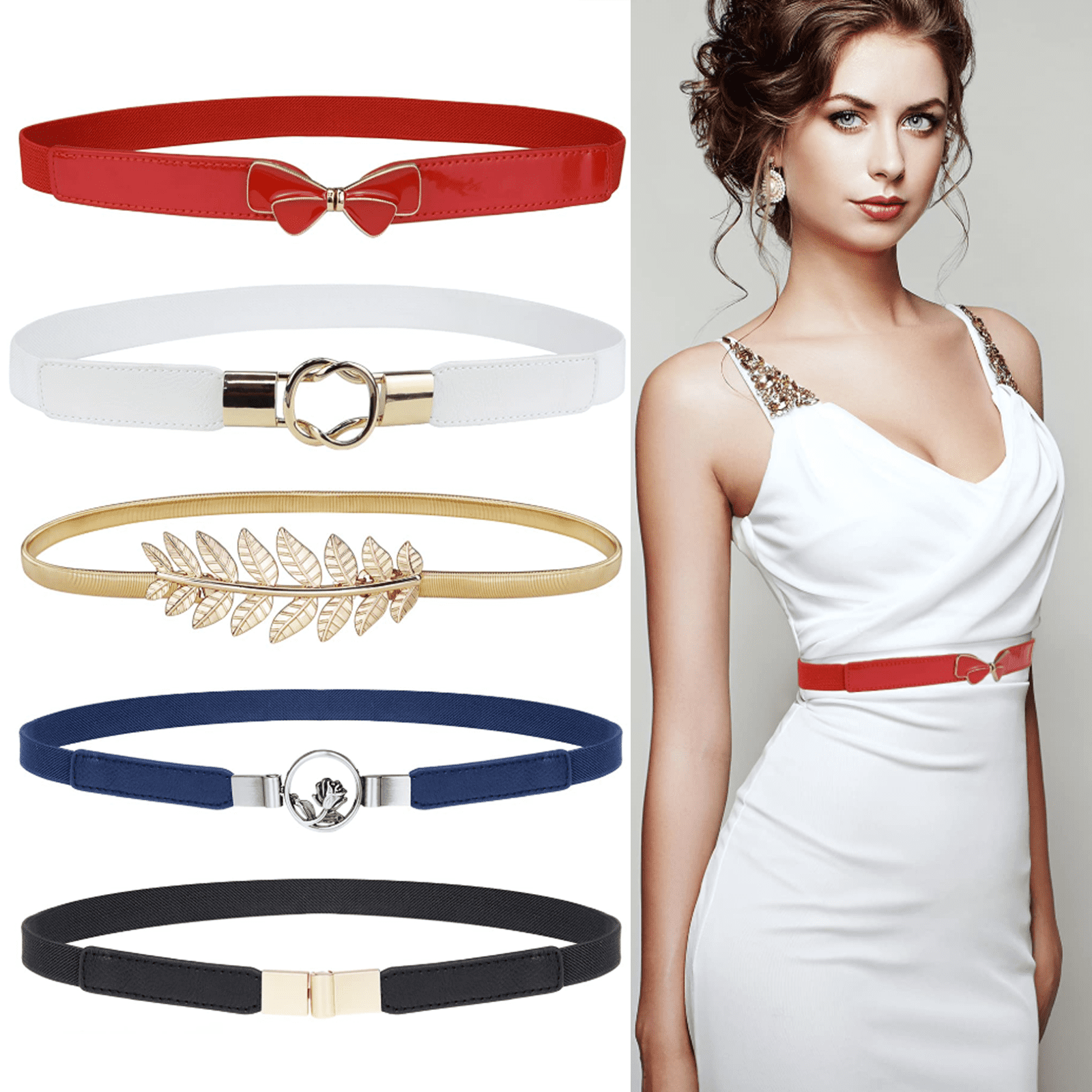 5 Pack Skinny Belts for Women, Fashion Dress Belts Stretch Women Waist ...