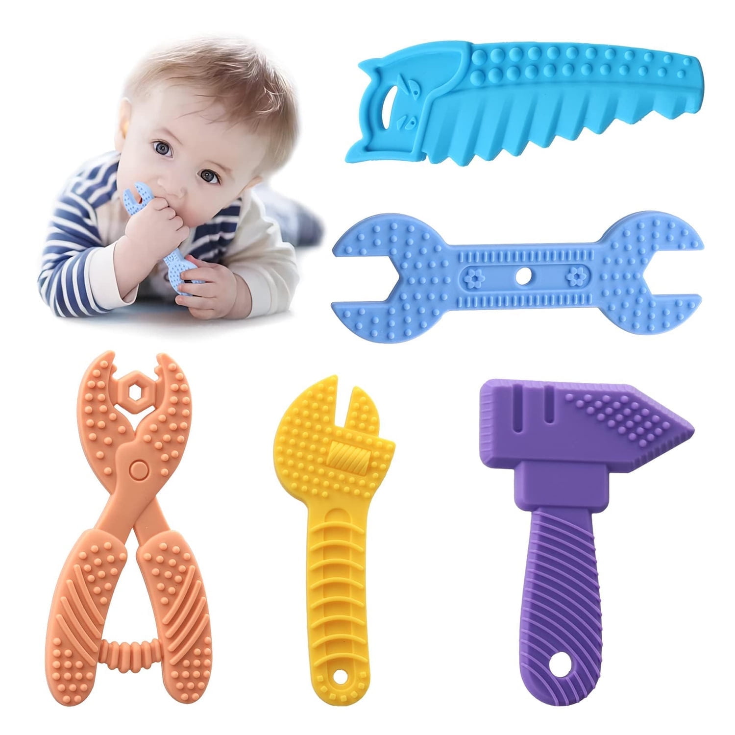 5 Pack Soft Silicone Teething Toys for Toddlers Infant Hammer Spanner ...