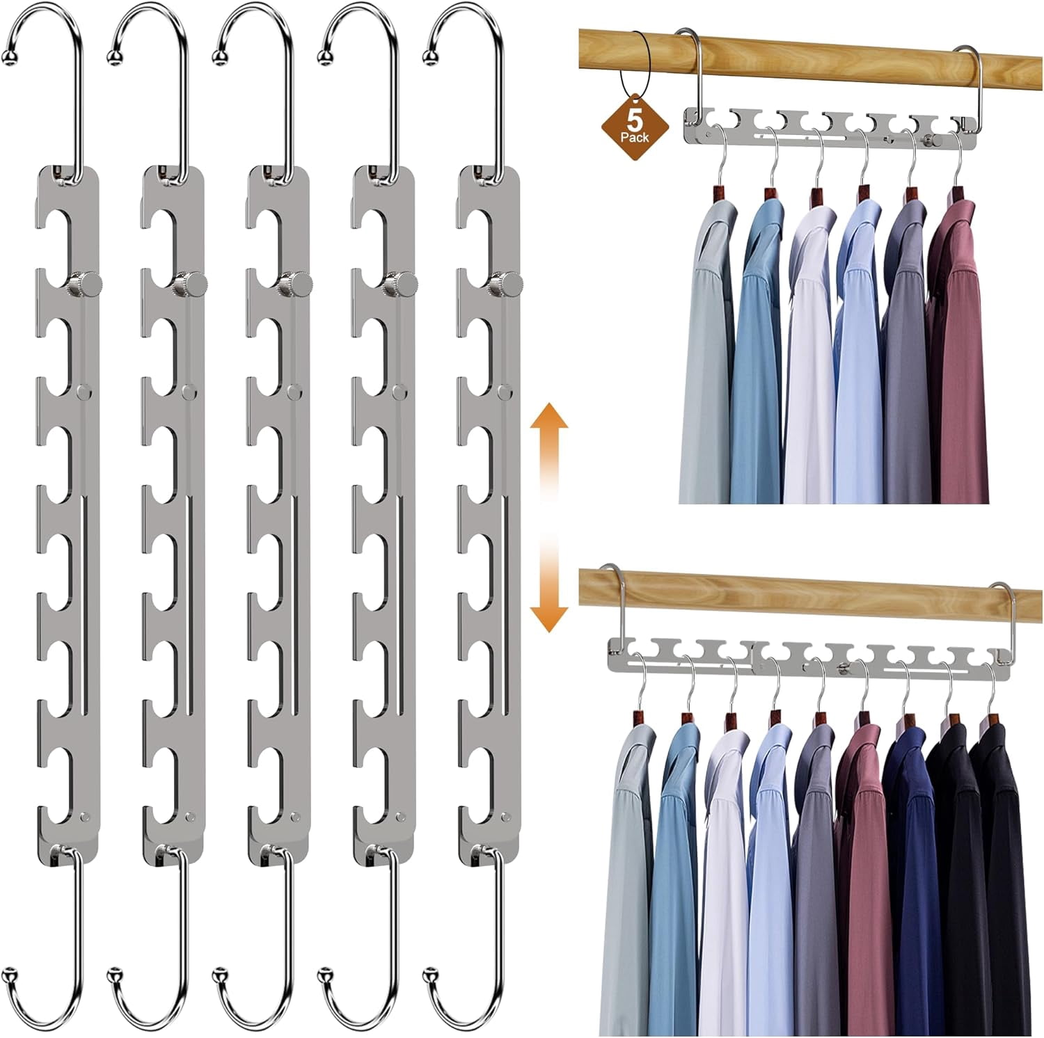 5 Pack Space Saver Hangers for Clothes, 6 Holes Expandable to 9 Holes ...