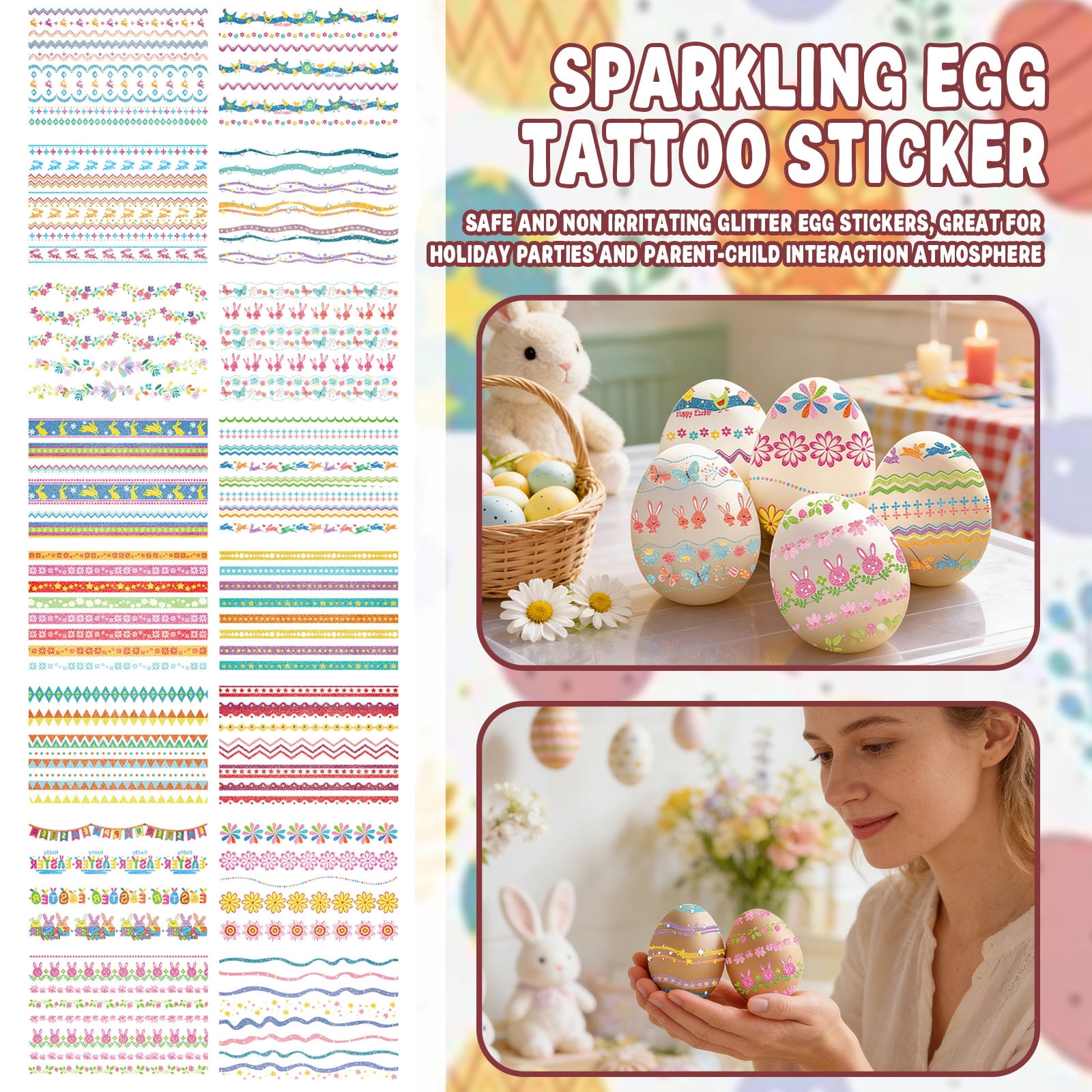5-Pack Sparkling Easter Egg Tattoo Stickers, Glittery Multi-Design ...