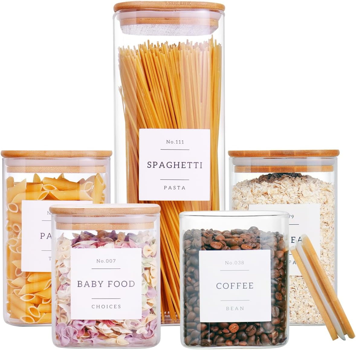 5 Pack Square Glass Pantry Storage Containers with 132 Kitchen Food ...