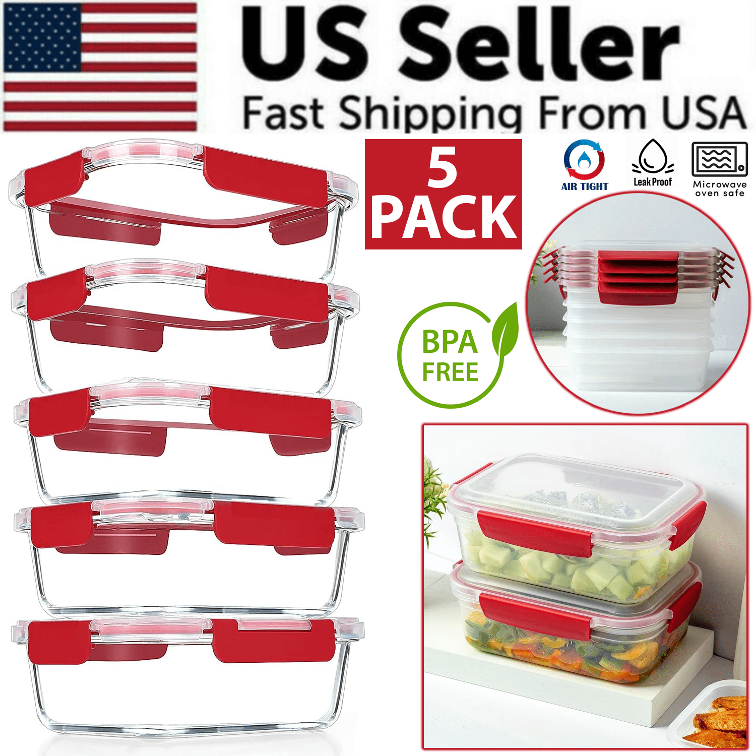 5 Pack Stackable Food Storage Containers Airtight & Leakproof Set Snap ...
