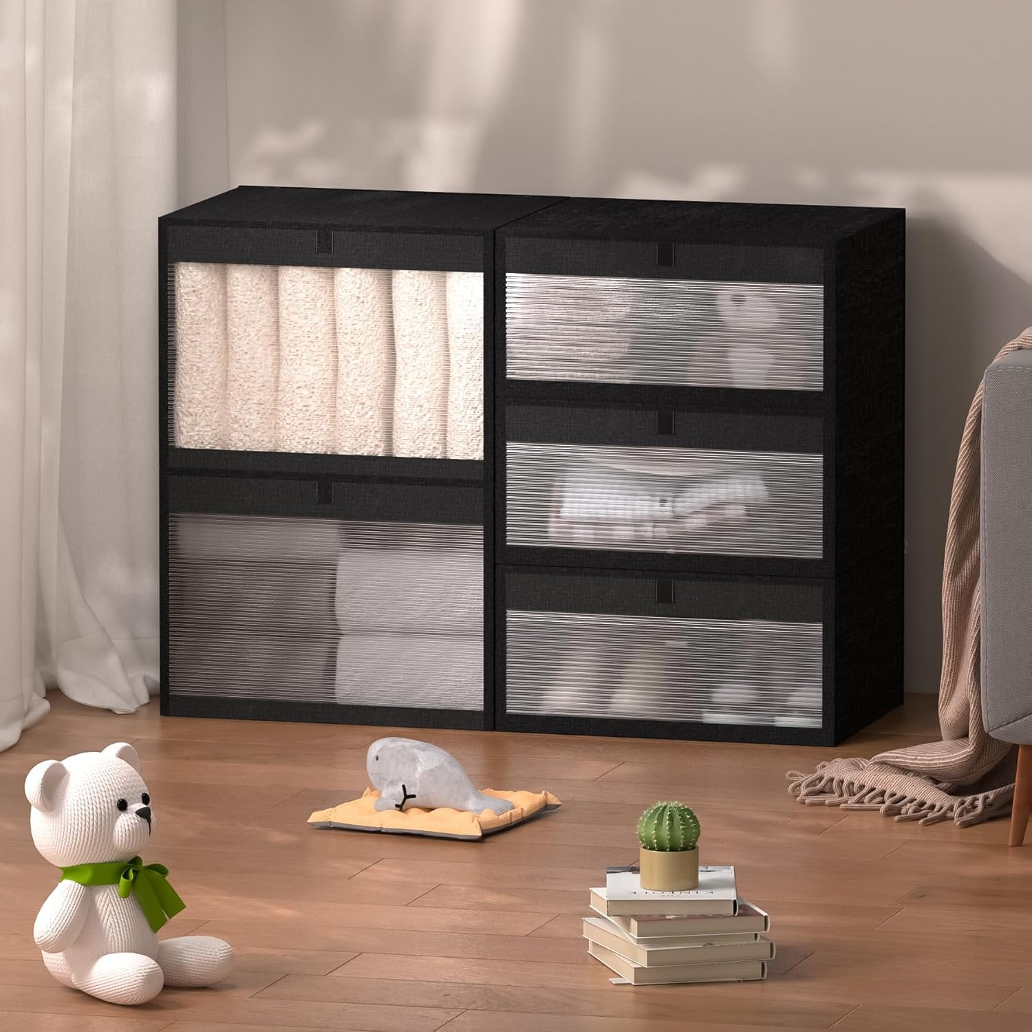 5 Pack Stackable Storage Boxes with Metal Frame & Pull-down Lid, Fabric ...