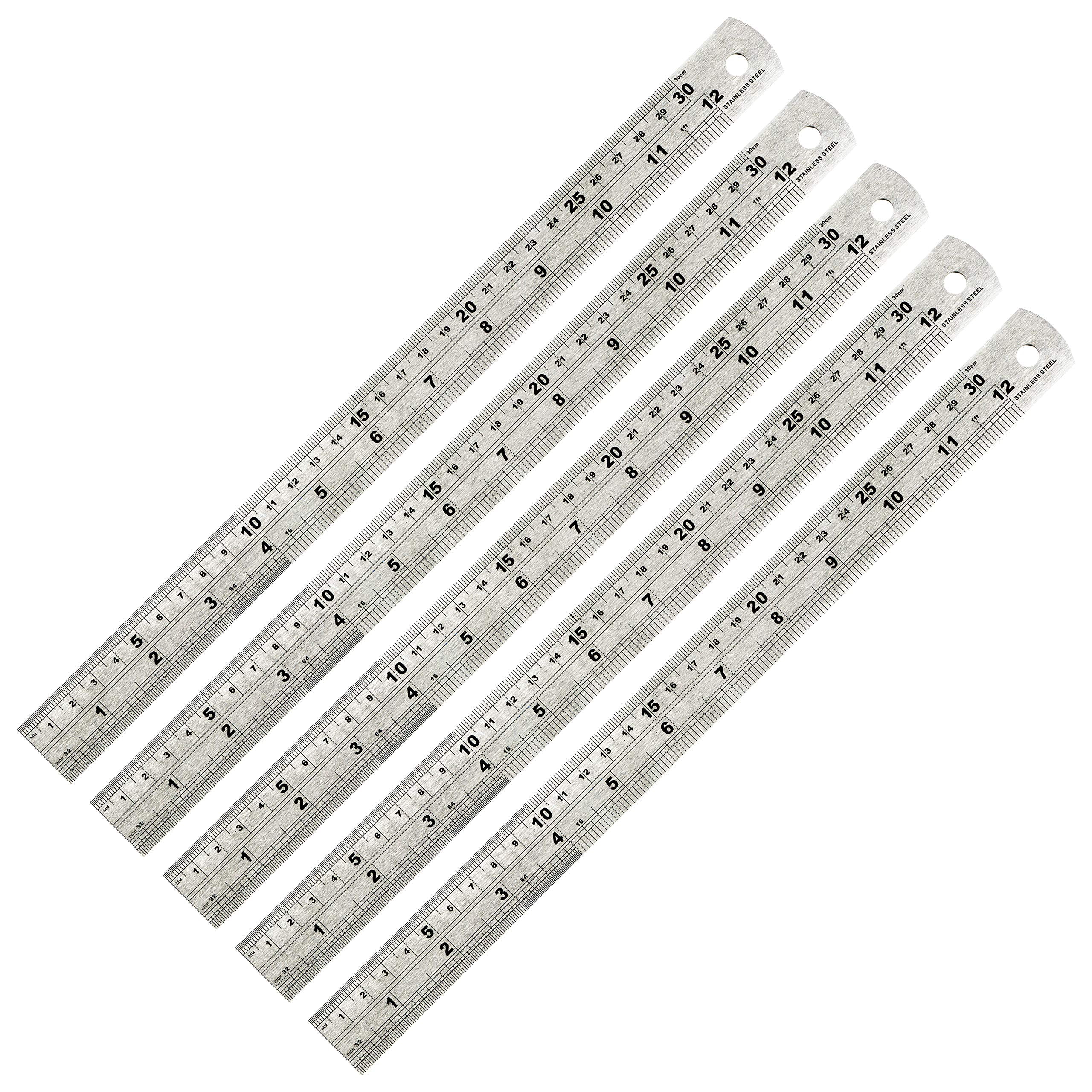5 Pack Stainless Steel 12" / 30cm Rulers - SAE Inches and Metric ...