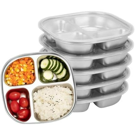 5-Pack Stainless Steel Divided Plates with Lids – Adults Portion ...