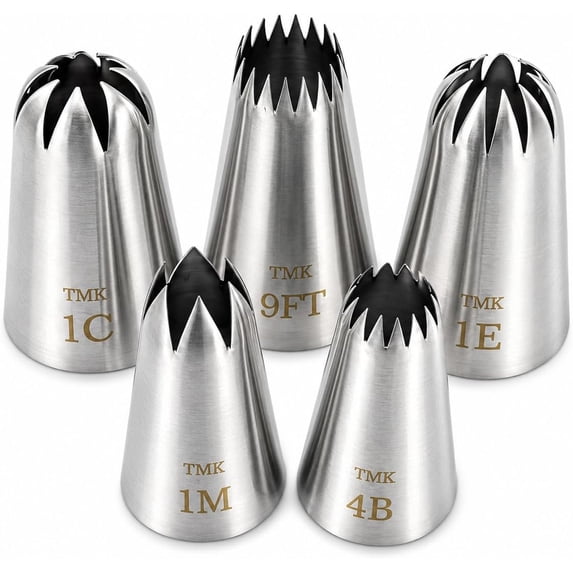 5 Pack Stainless Steel Seamless Piping Icing Tips #9FT 1C 1E 1M 4B ...