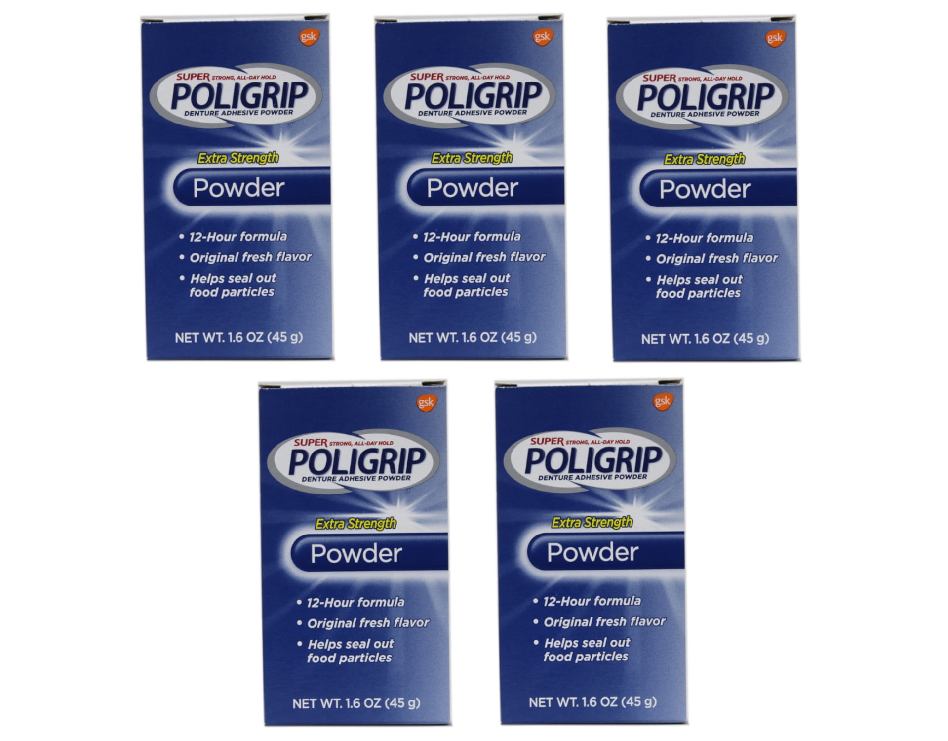 5 Pack Super Poligrip Extra Strength 12h Denture Adhesive Powder, 1.6 ...