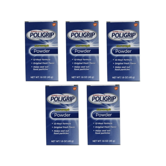5 Pack Super Poligrip Extra Strength 12h Denture Adhesive Powder, 1.6 ...