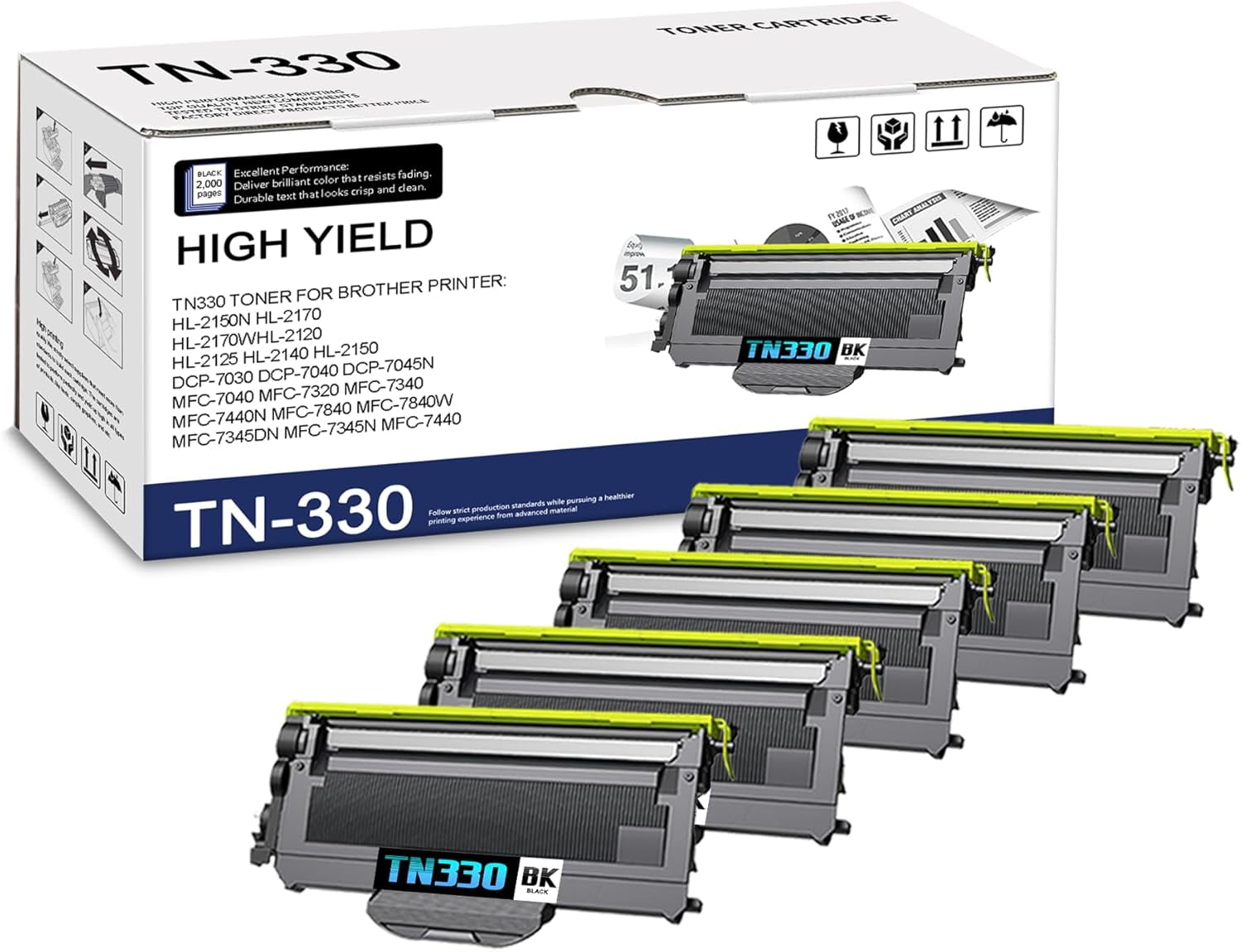 5-Pack TN330 High Yield Black Toner Cartridge, Replacement for Brother TN-330 for DCP-7030 7040 ...
