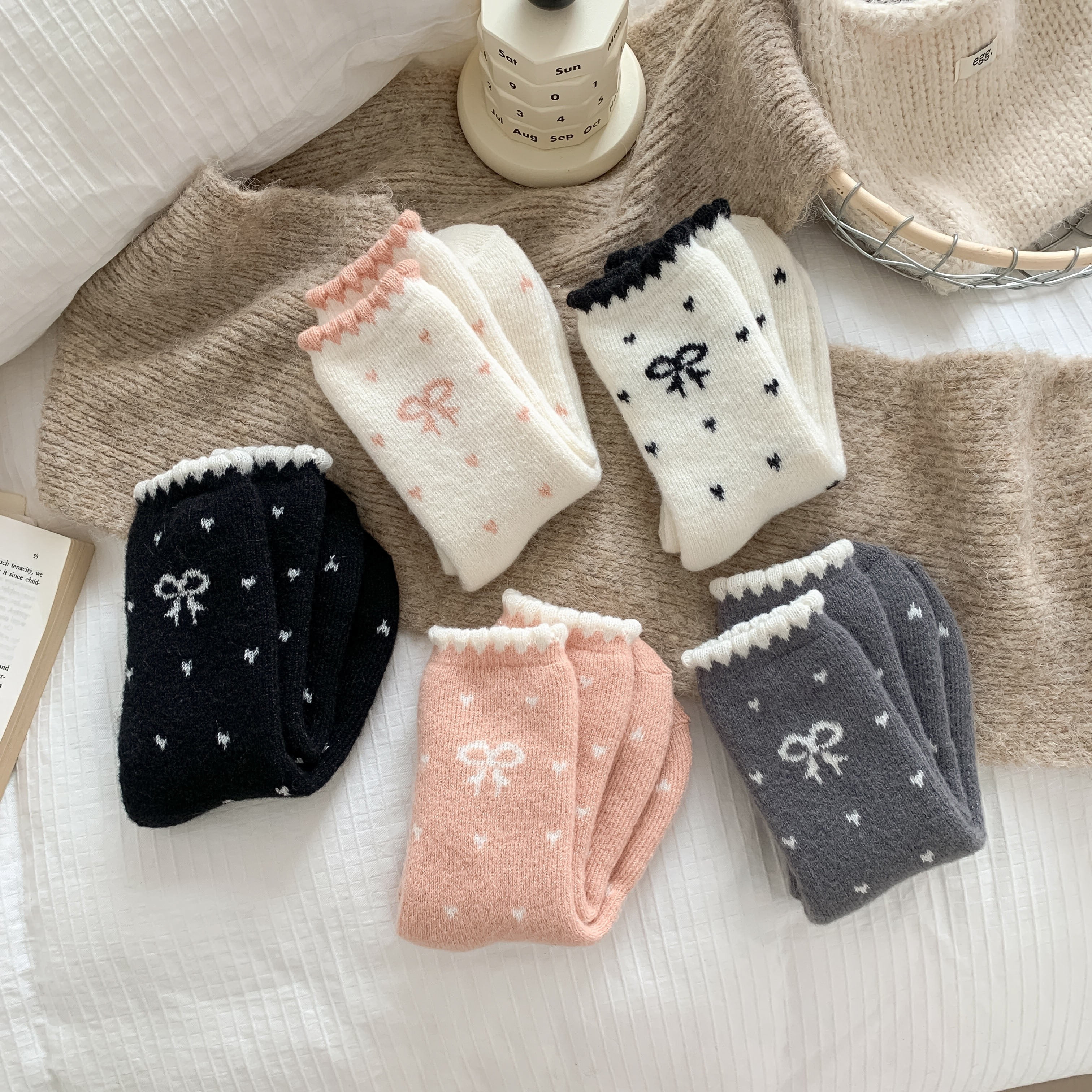 5-Pack ' Thermal Winter Socks with Bow Pointed Toe - Warm Mid-Calf ...