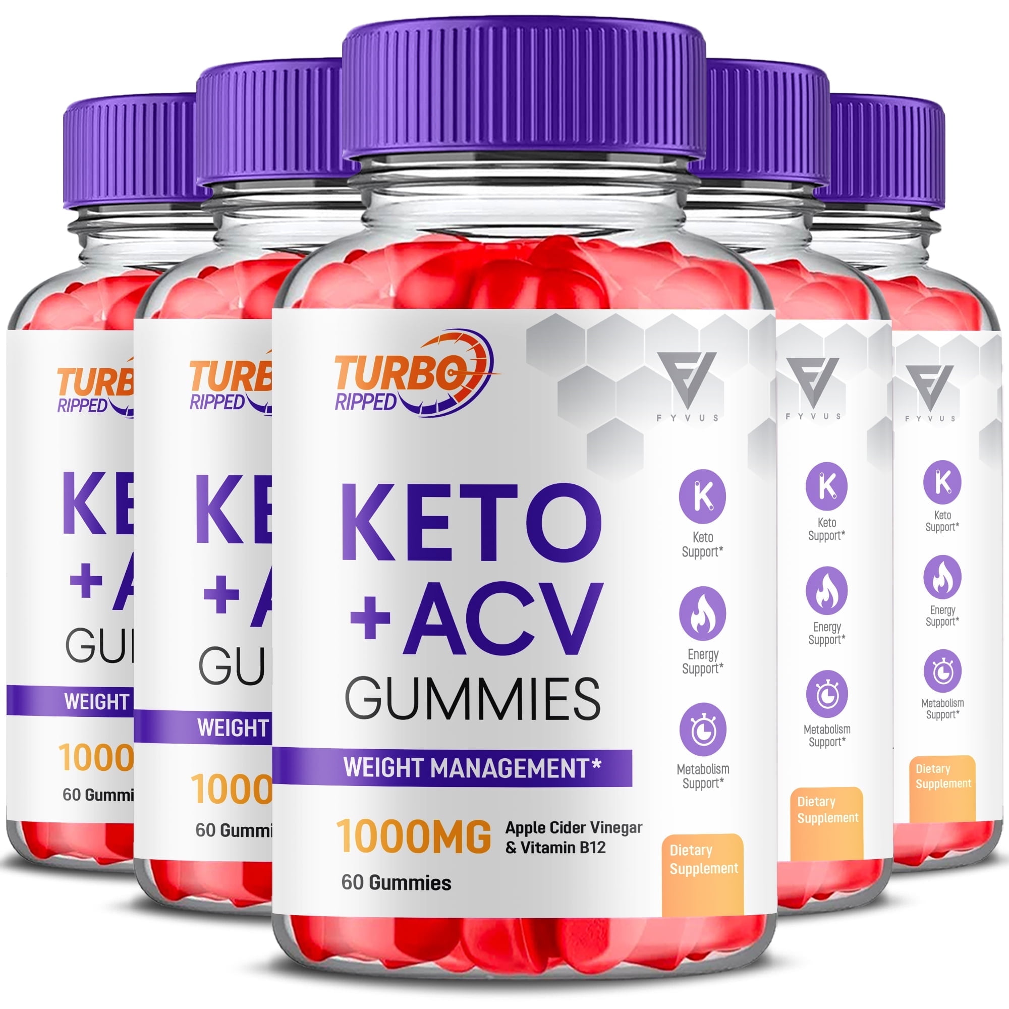 (5 Pack) Turbo Ripped ACV + Keto 1000mg Gummies Apple Cider Vinegar ...