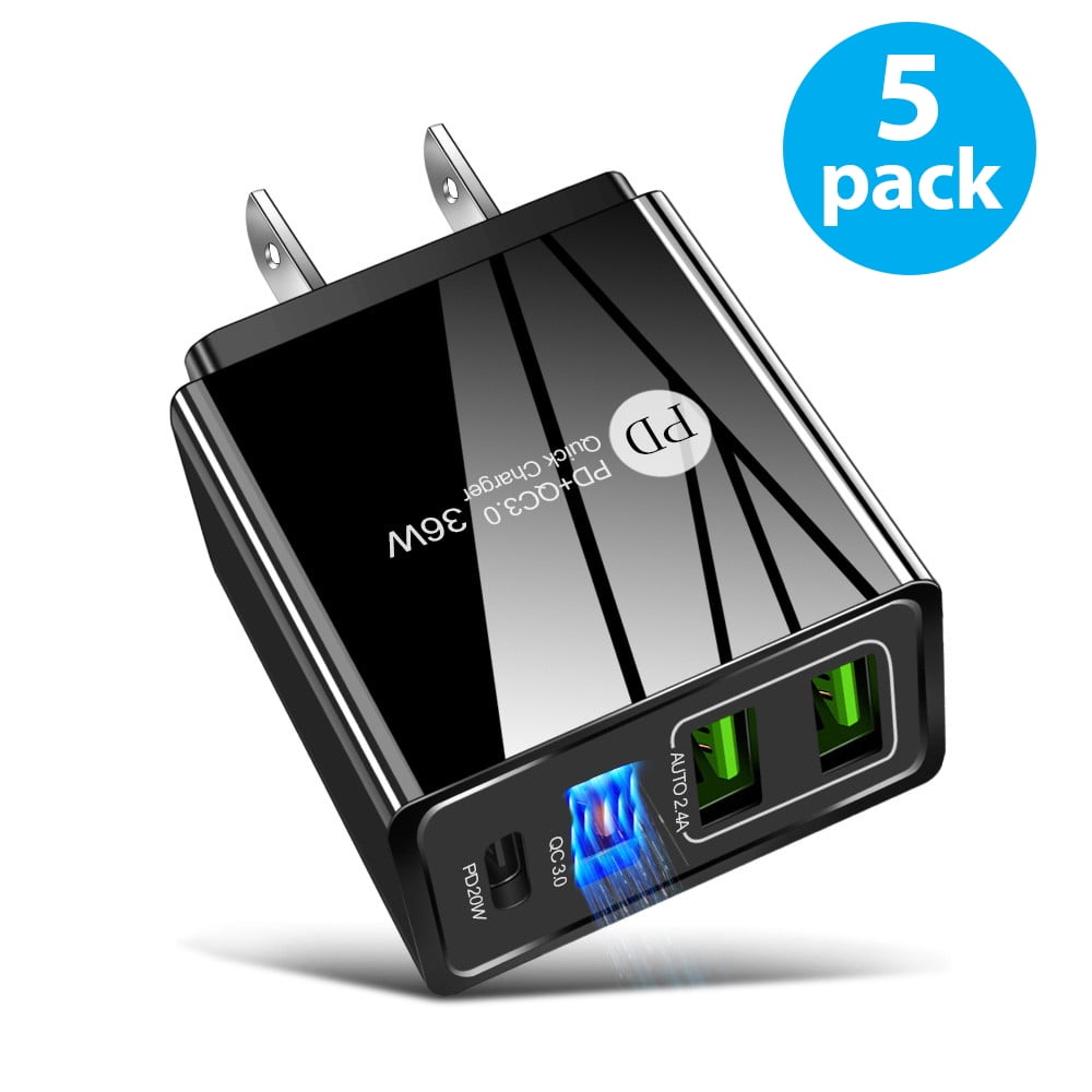 5-Pack USB Wall Charger Block, 4-Port Charging Block, QC 3.0 Fast USB ...