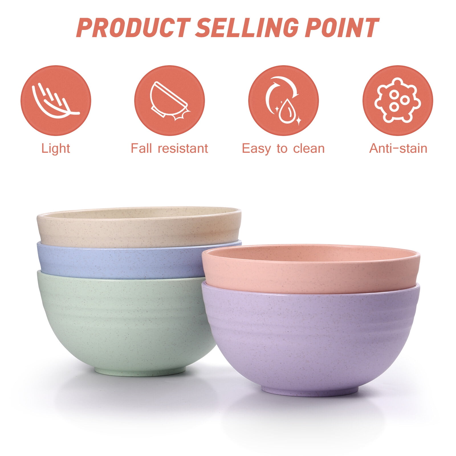 Round Shape Wheat Straw Soup Bowls Assorted Color 5Pcs Dishwasher Safe ...