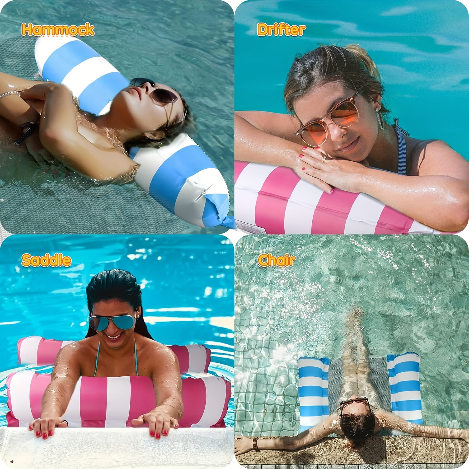 5 Pack Upgrated XL Water Pool Floats, 4-in-1 (Hammock, Saddle, Lounge Chair, Drifter) Multi ...
