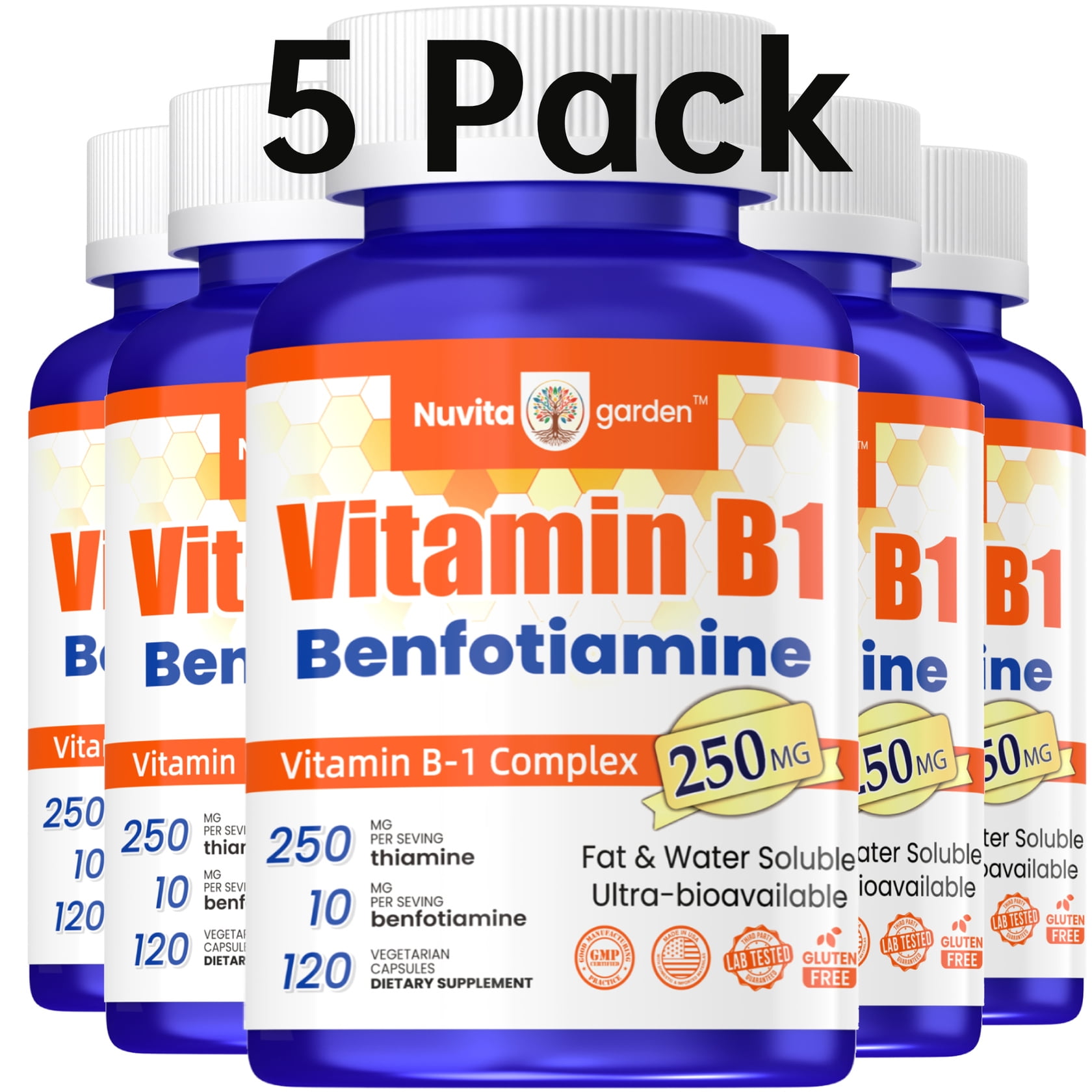 (5 Pack) Vitamin B1 250mg with Benfotiamine, 120* Capsules – 2 in 1 ...