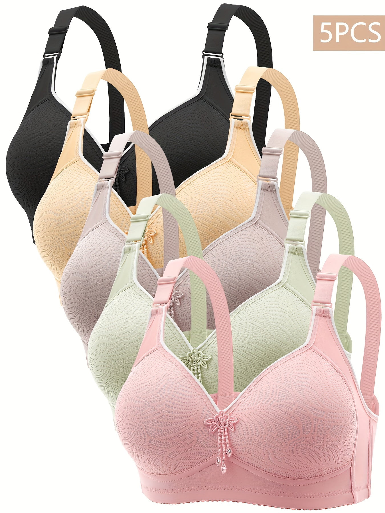 5-Pack Wireless Bras with Adjustable Straps and Lace Trim, Comfort ...