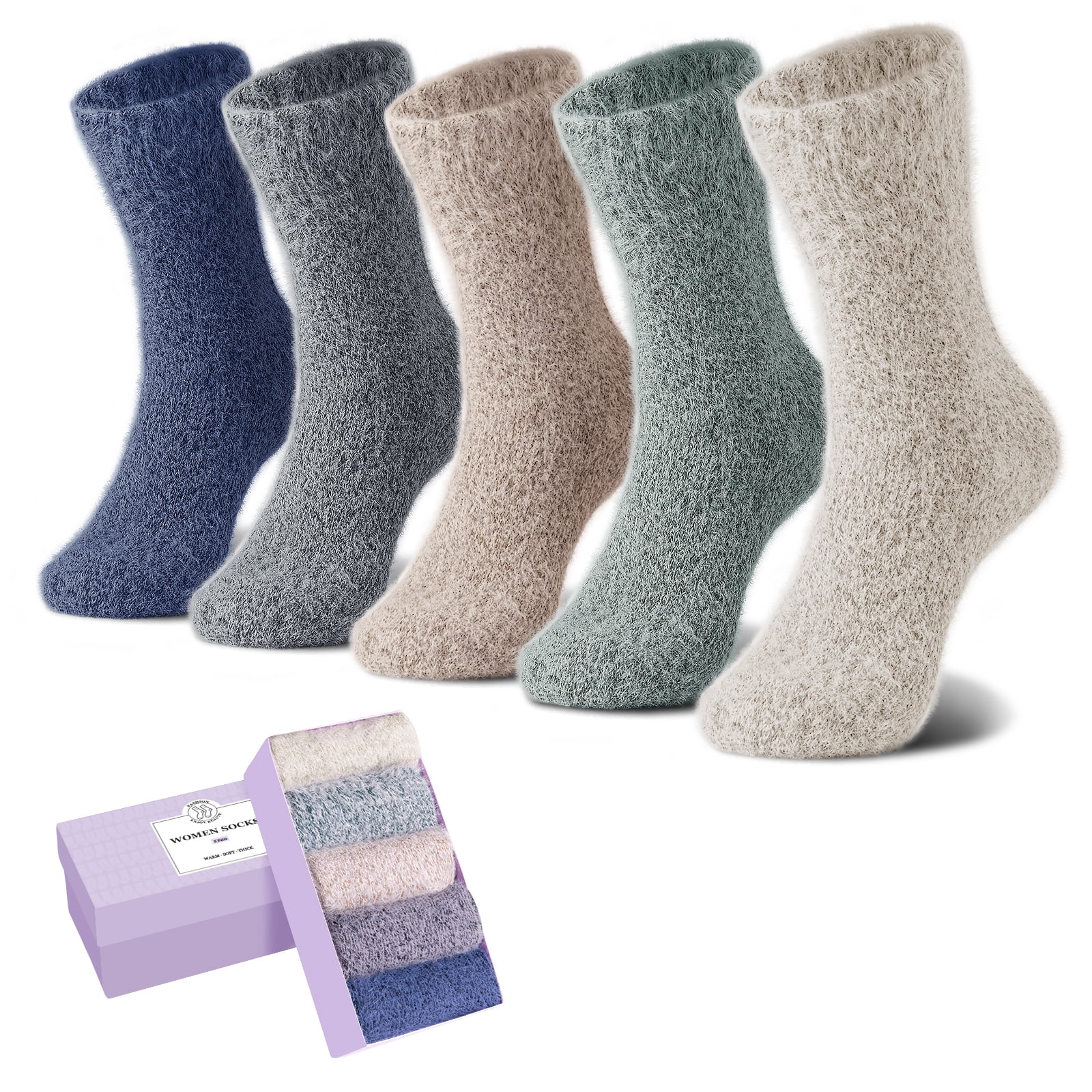 5 Pack Women Fuzzy Socks Thick Soft Warm Winter Wool Fluffy Cozy Socks ...