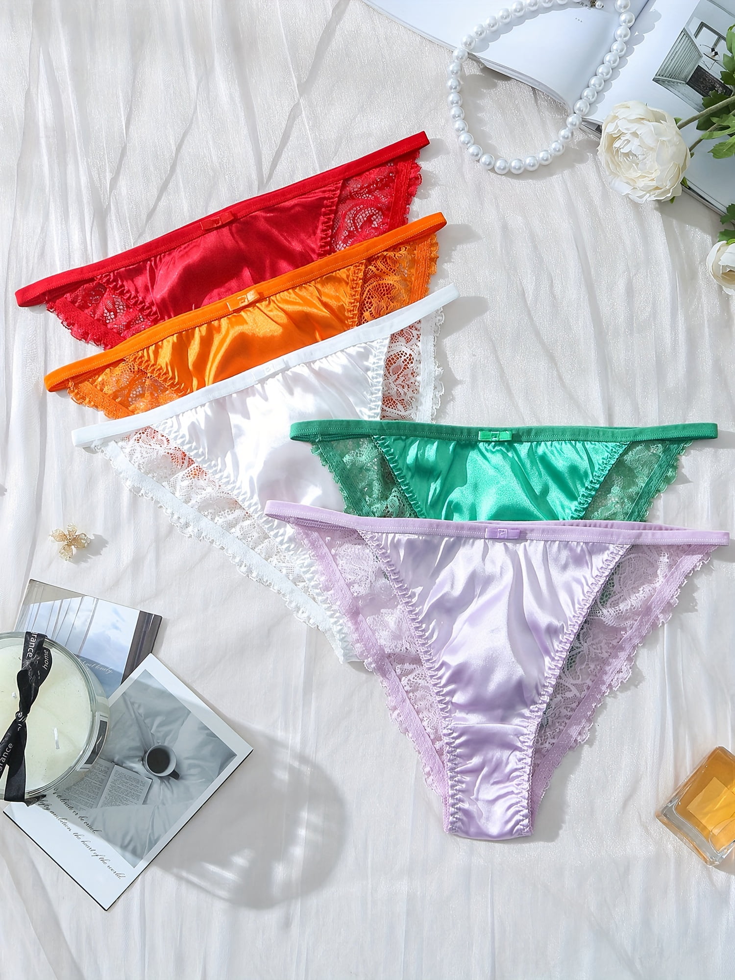 5 Pack Women Satin Lace Panties Sexy Underwear Soft G-String Thongs ...