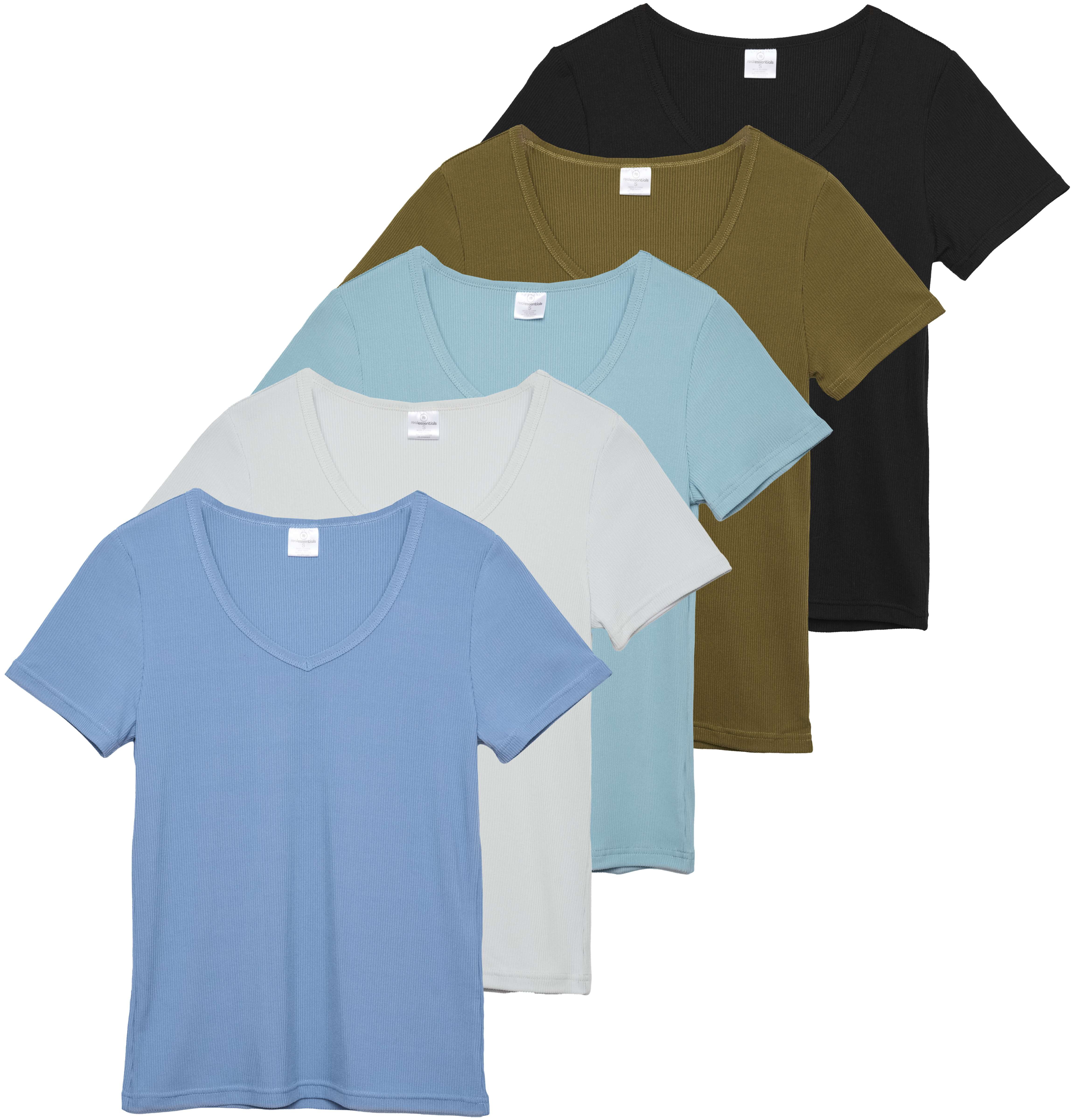 5 Pack: Women's Soft Ribbed Short Sleeve V-Neck T-Shirt Casual Summer ...