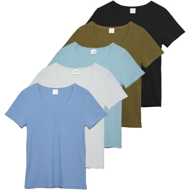 5 Pack: Women's Soft Ribbed Short Sleeve V-Neck T-Shirt Casual Summer ...