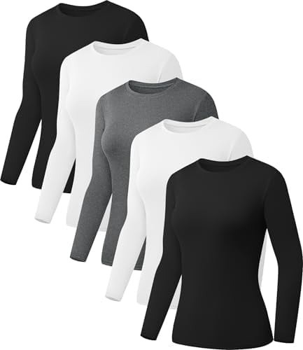 5 Pack Womens Basic Long Sleeve Shirts Crew Neck Slim-Fit Fitted T ...