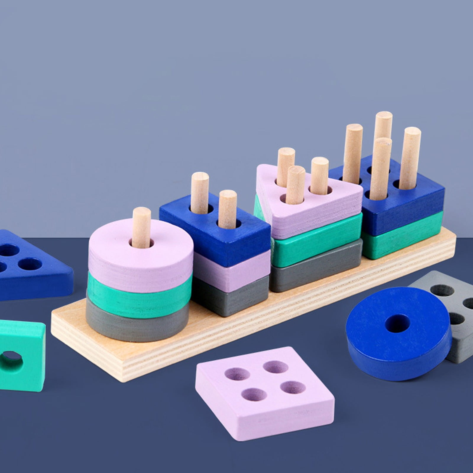 5 Pack Wooden Early Education Toys With Geometric Shapes Column Sets To ...